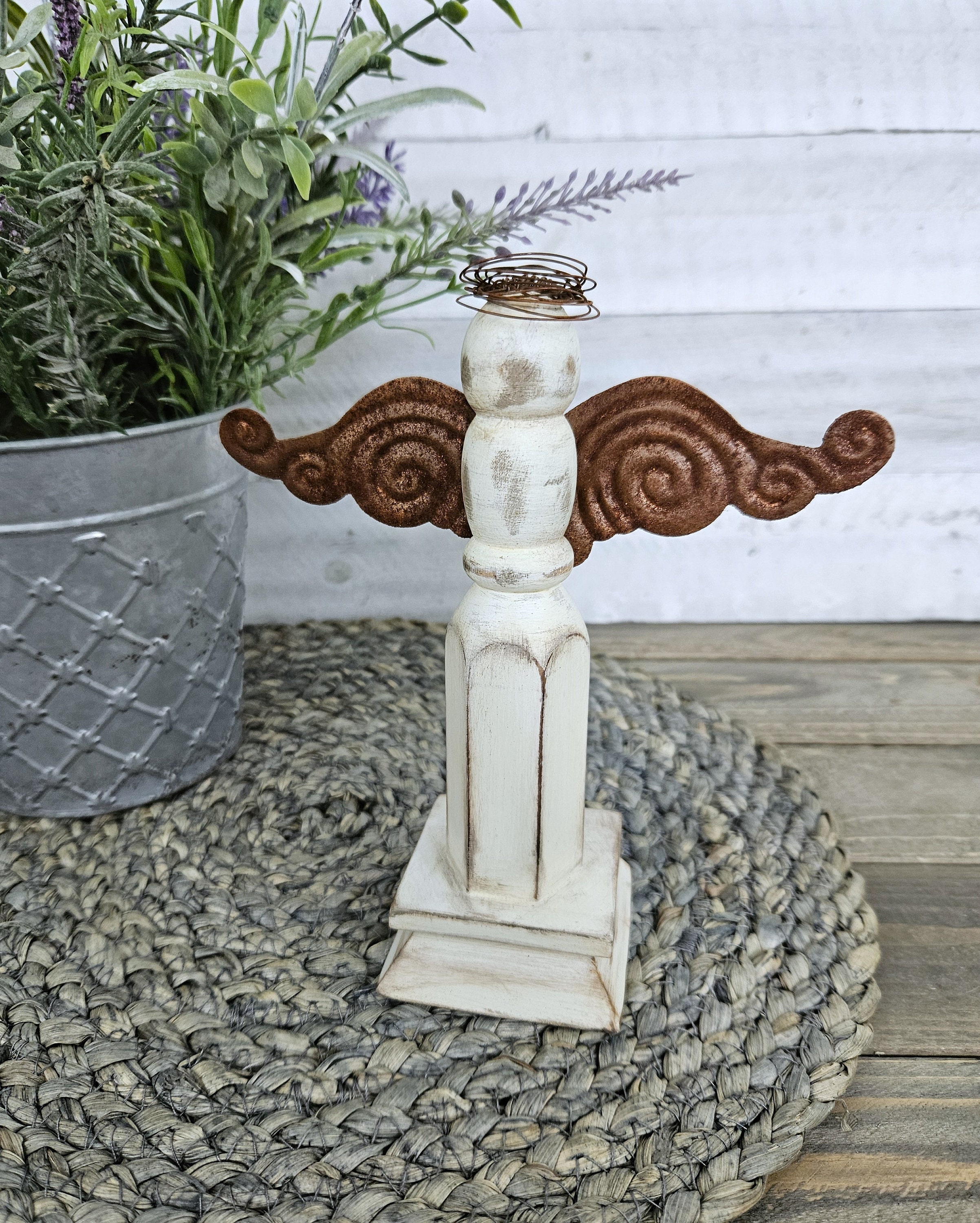 Unique 7.5 Rustic Wood Spindle Angel With Metal Wings / Rusty Metal ...
