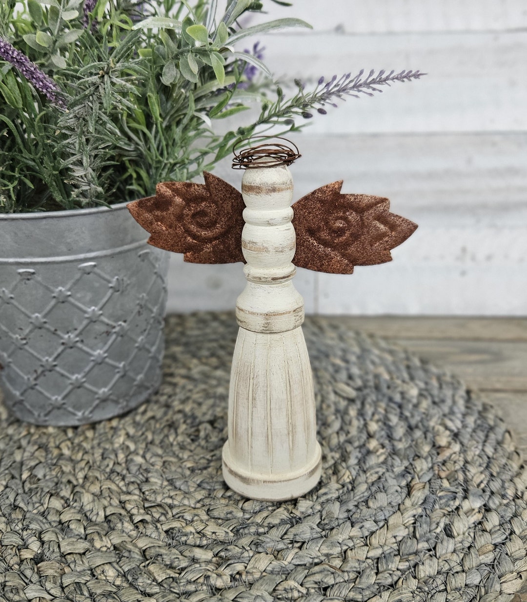 Unique 7.25 Rustic Wood Spindle Angel With Metal Wings / Rusty Metal ...