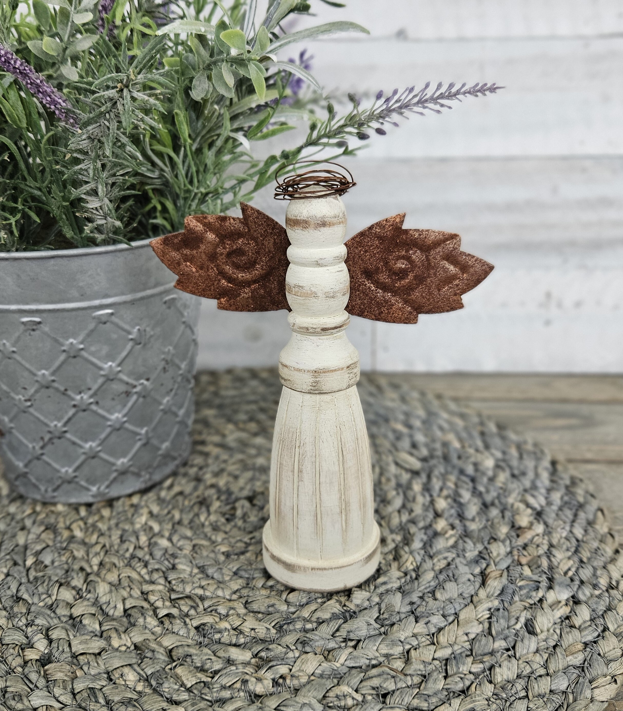 Unique 7.25 Rustic Wood Spindle Angel With Metal Wings / Rusty Metal / Farmhouse / Distressed ...