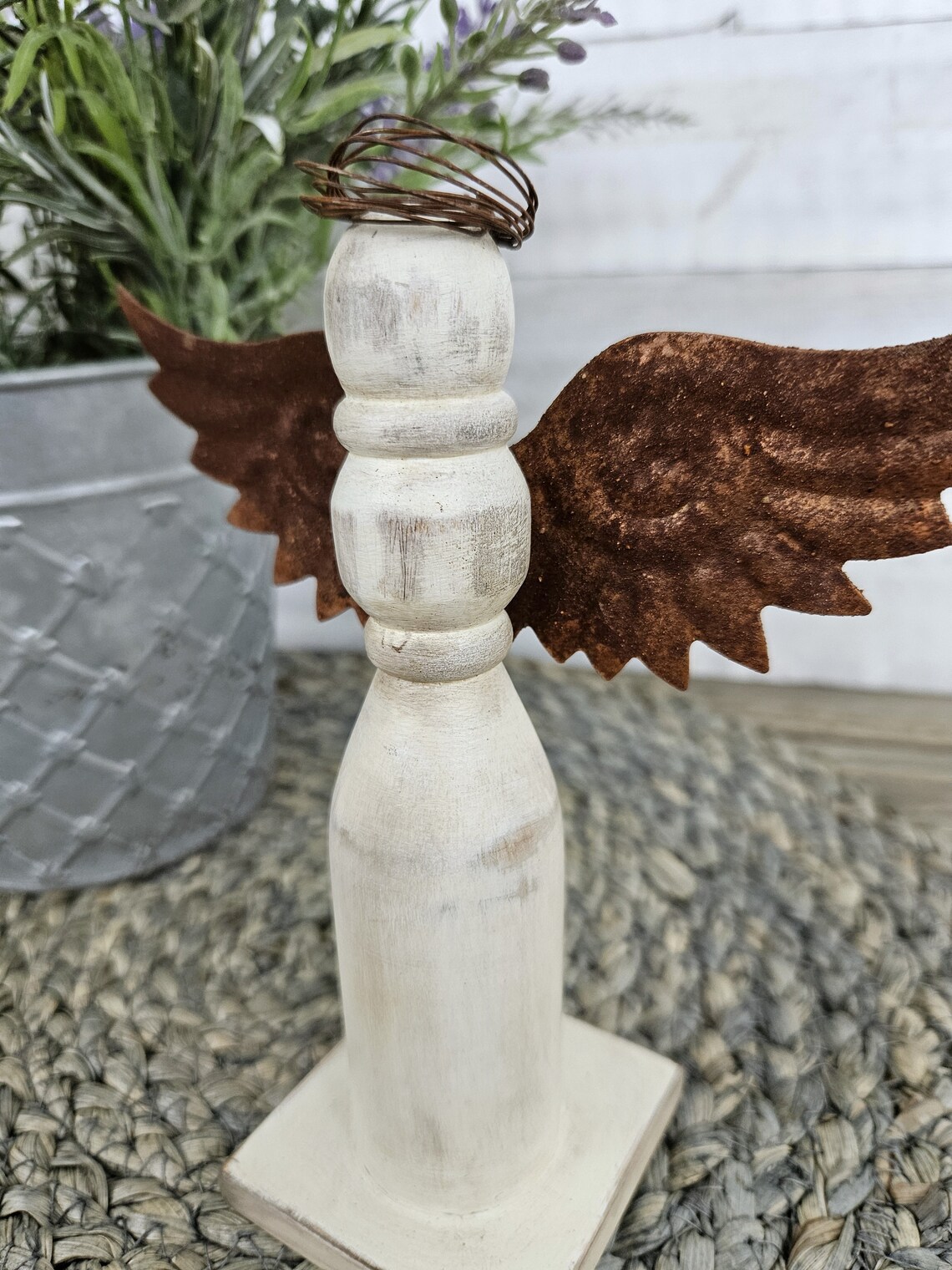 Unique 6.5 Rustic Wood Spindle Angel With Metal Wings / Rusty Metal ...