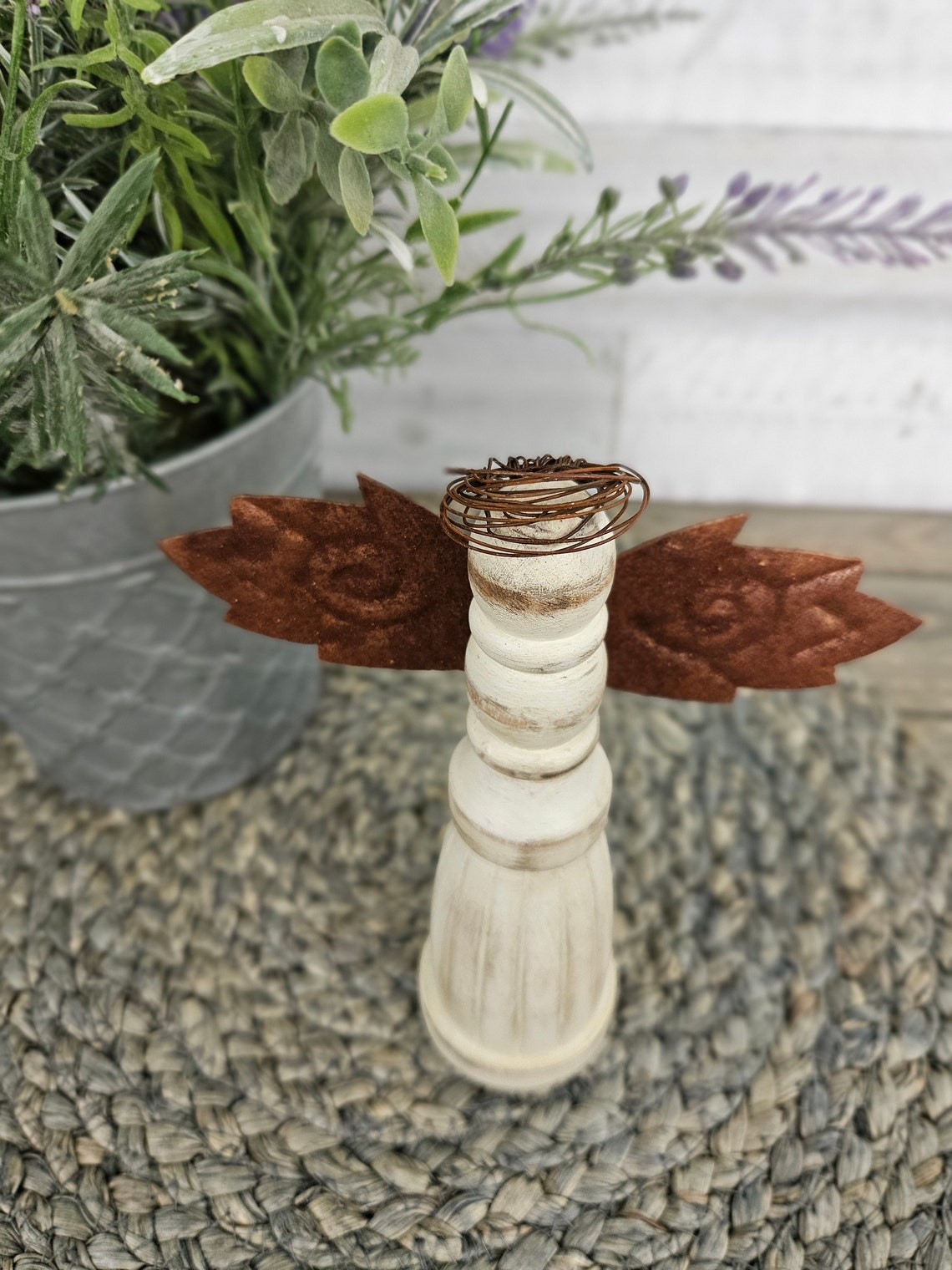 Unique 7.25 Rustic Wood Spindle Angel With Metal Wings / Rusty Metal ...