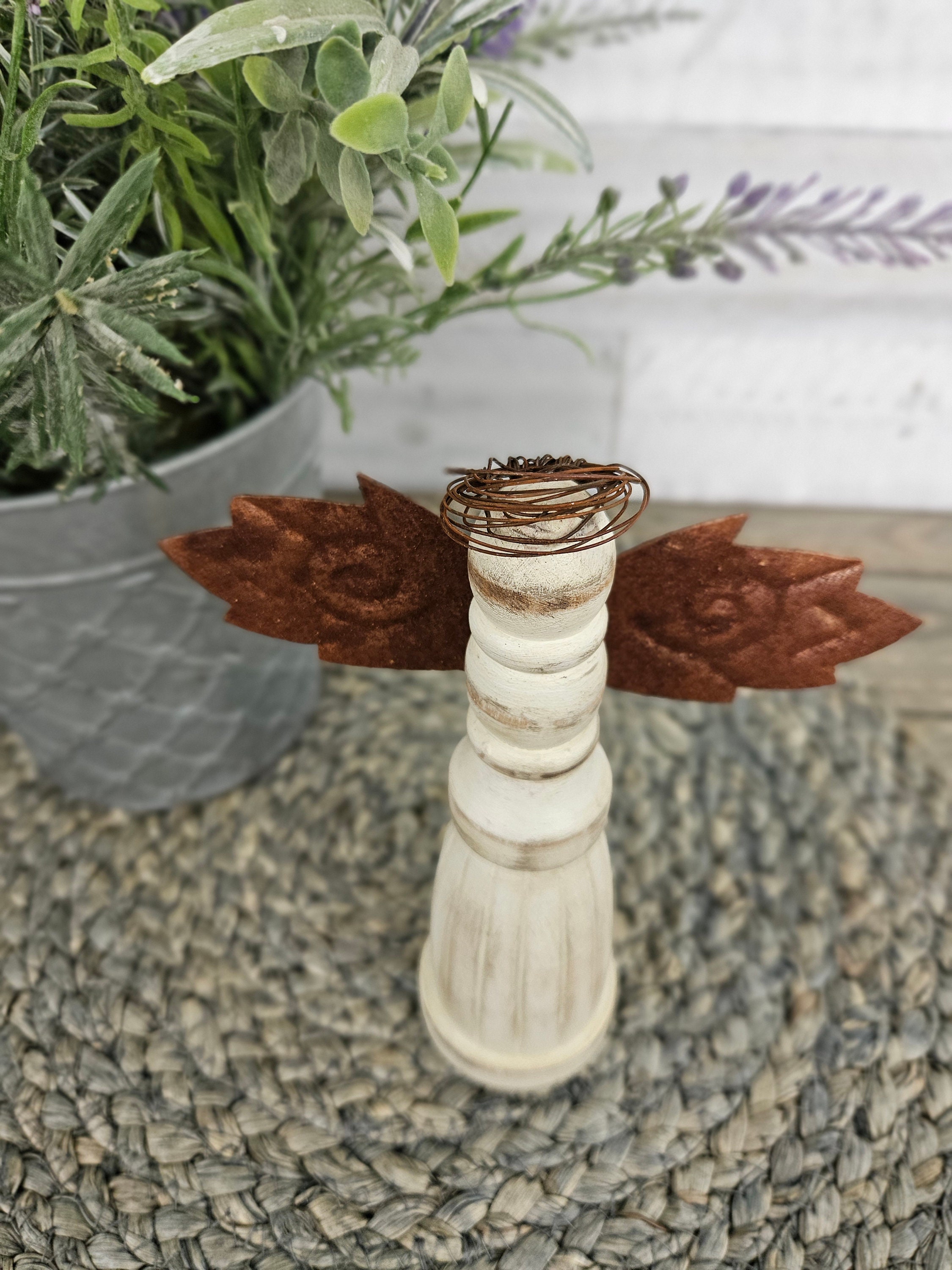 Unique 7.25 Rustic Wood Spindle Angel With Metal Wings / Rusty Metal ...