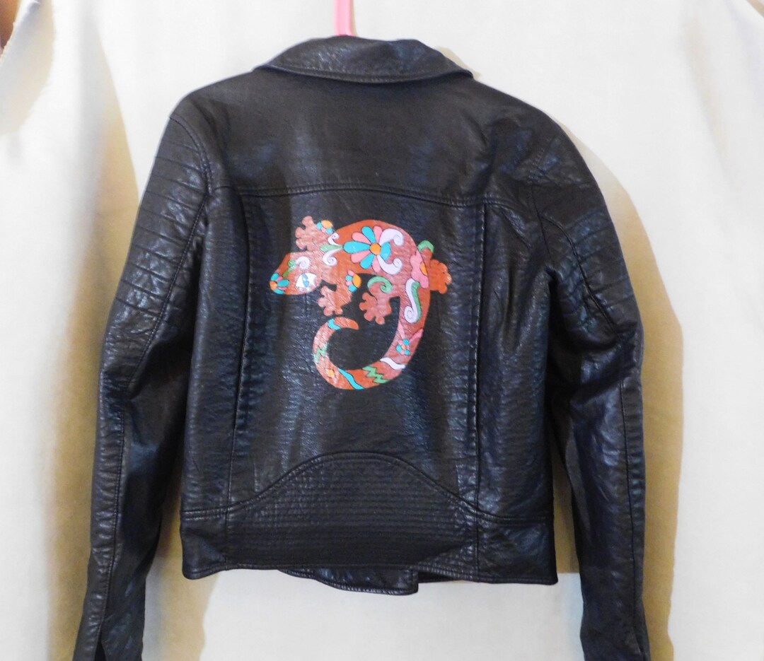 Black Moto Jacket, Hand-painted Lizard Jacket, Upcycled Clothing for ...