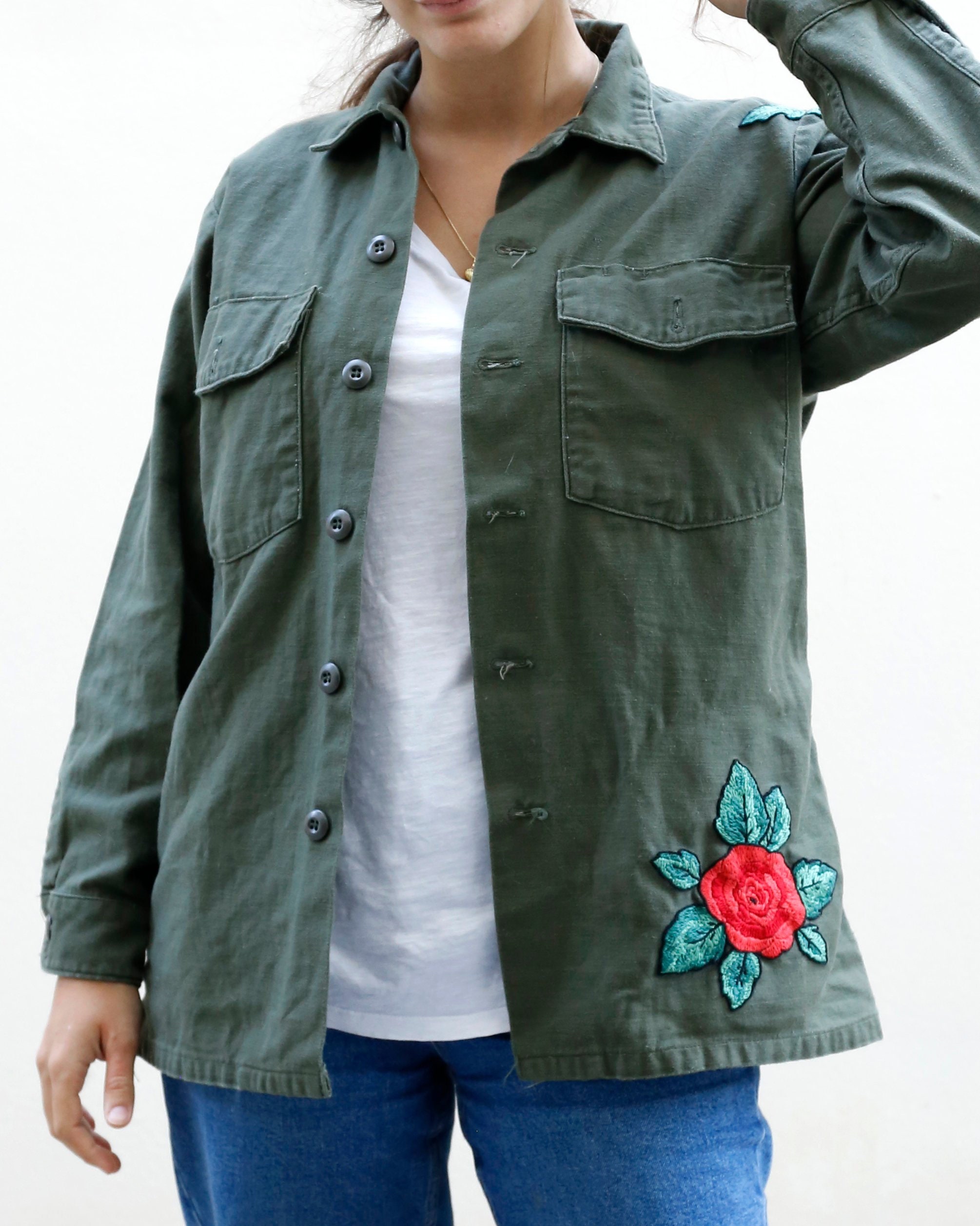Vintage Green Army Jacket Embroidery Olive Green Shirt | Etsy