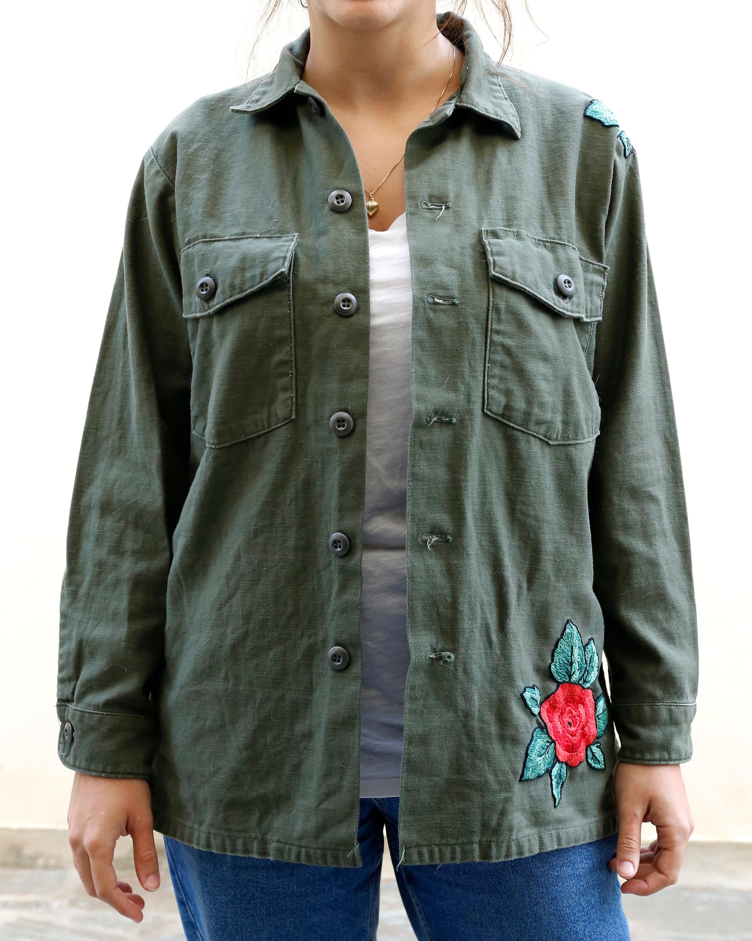 Vintage Green Army Jacket Embroidery Olive Green Shirt | Etsy