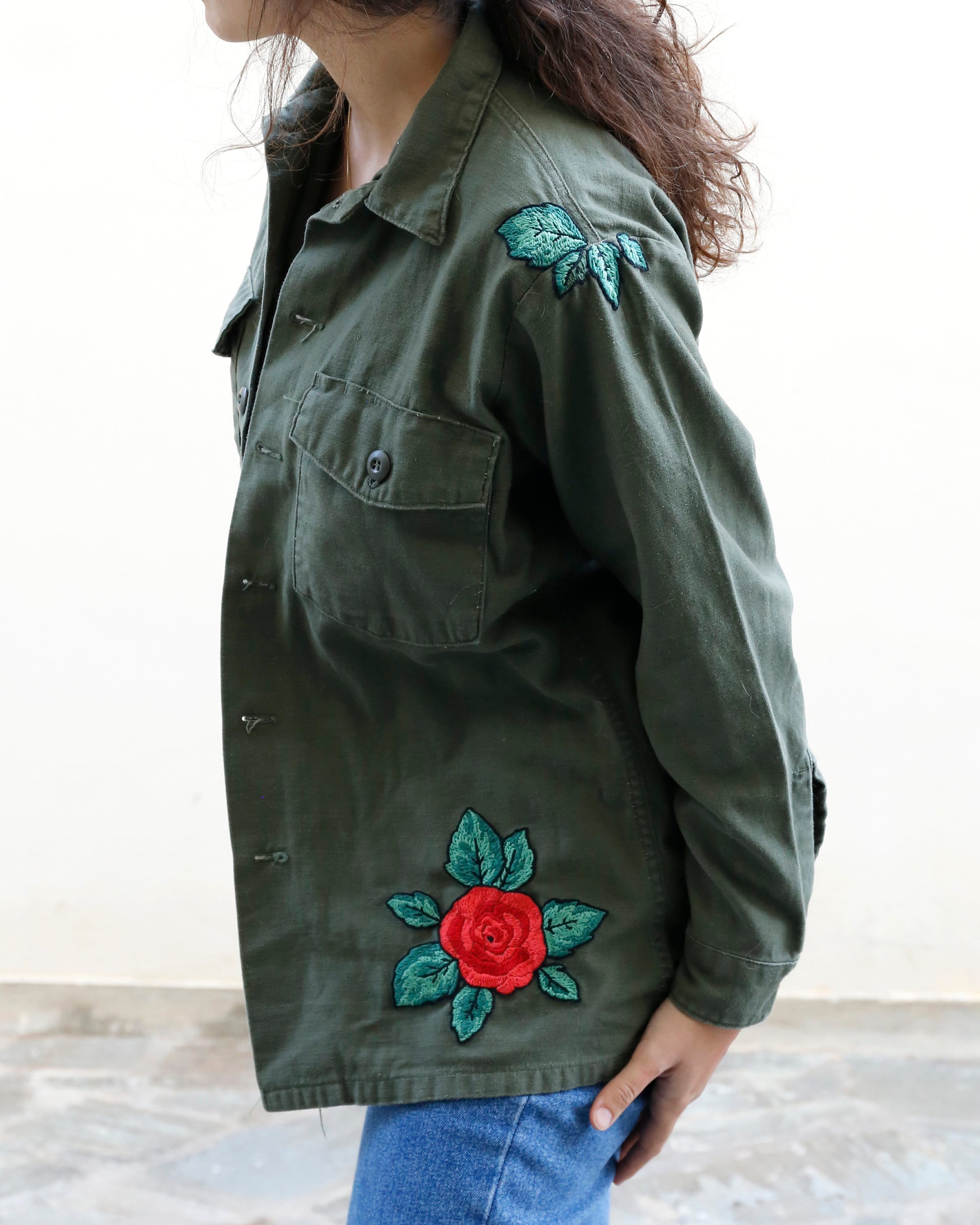 Vintage Green Army Jacket Embroidery Olive Green Shirt | Etsy