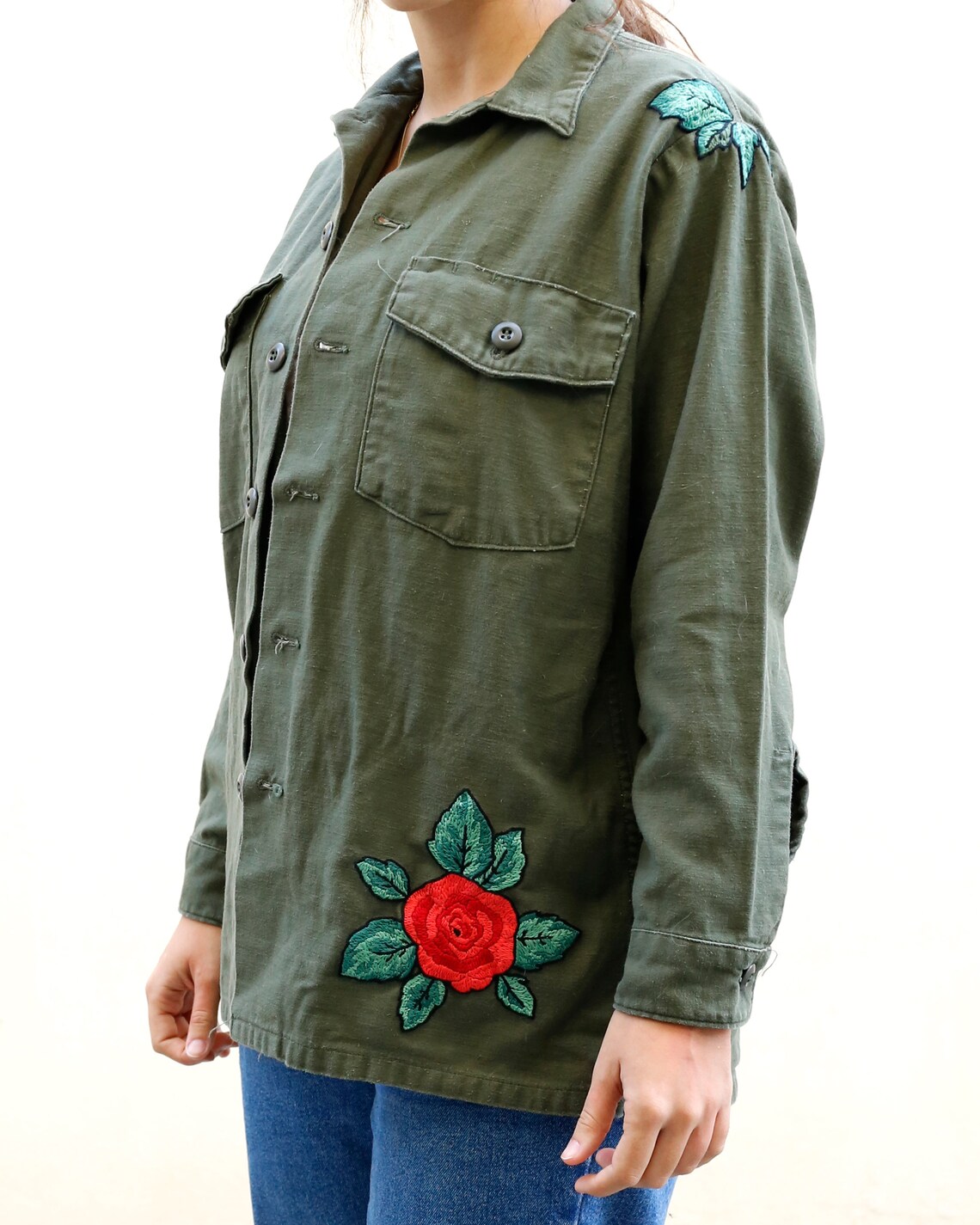 Vintage Green Army Jacket Embroidery Olive Green Shirt | Etsy