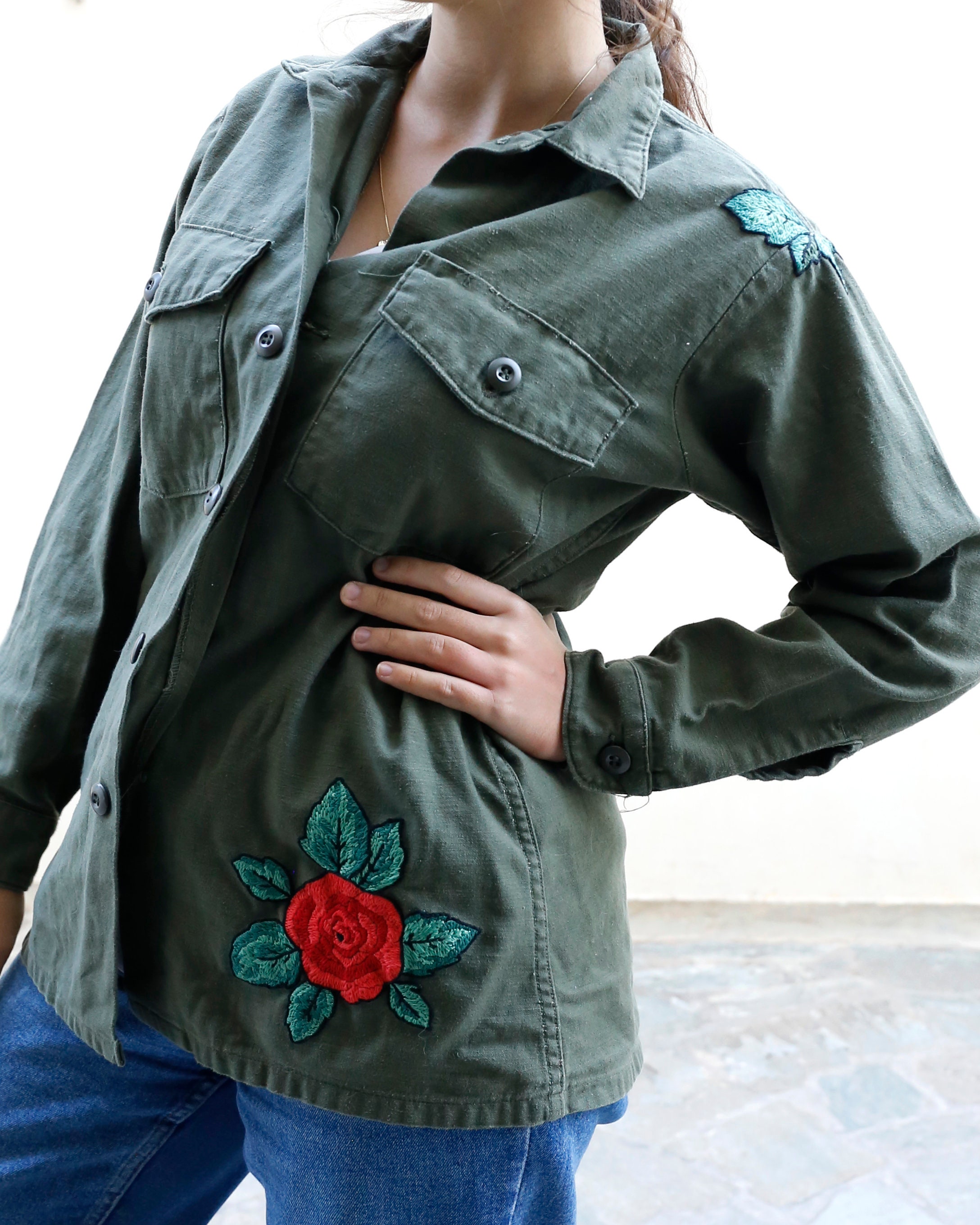 Vintage Green Army Jacket Embroidery Olive Green Shirt | Etsy