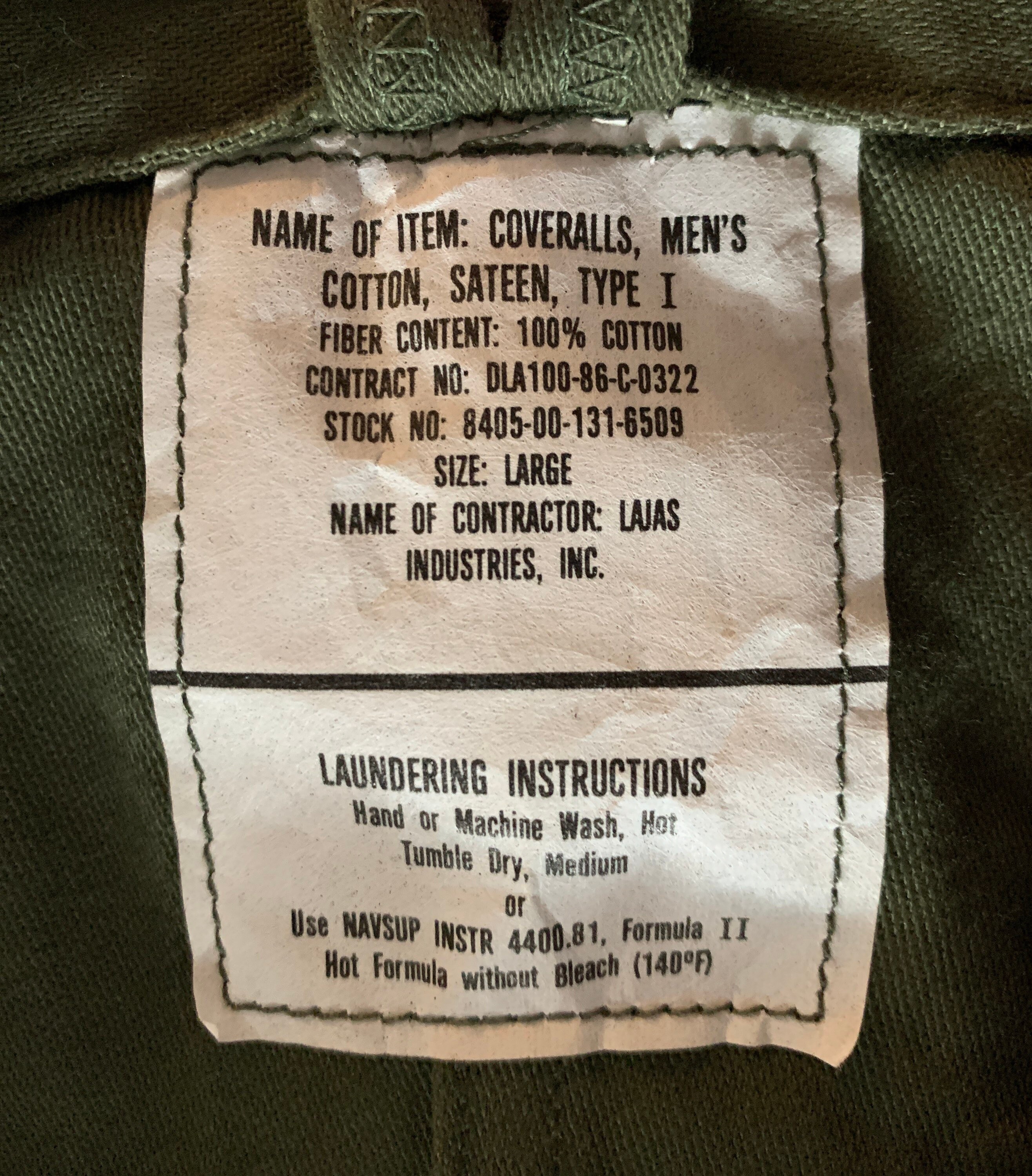 Vintage Type 1 Military Coveralls Cotton Sateen OG 107 Made Vintage Type 1 Military Coveralls Cotton Sateen OG 107 Made