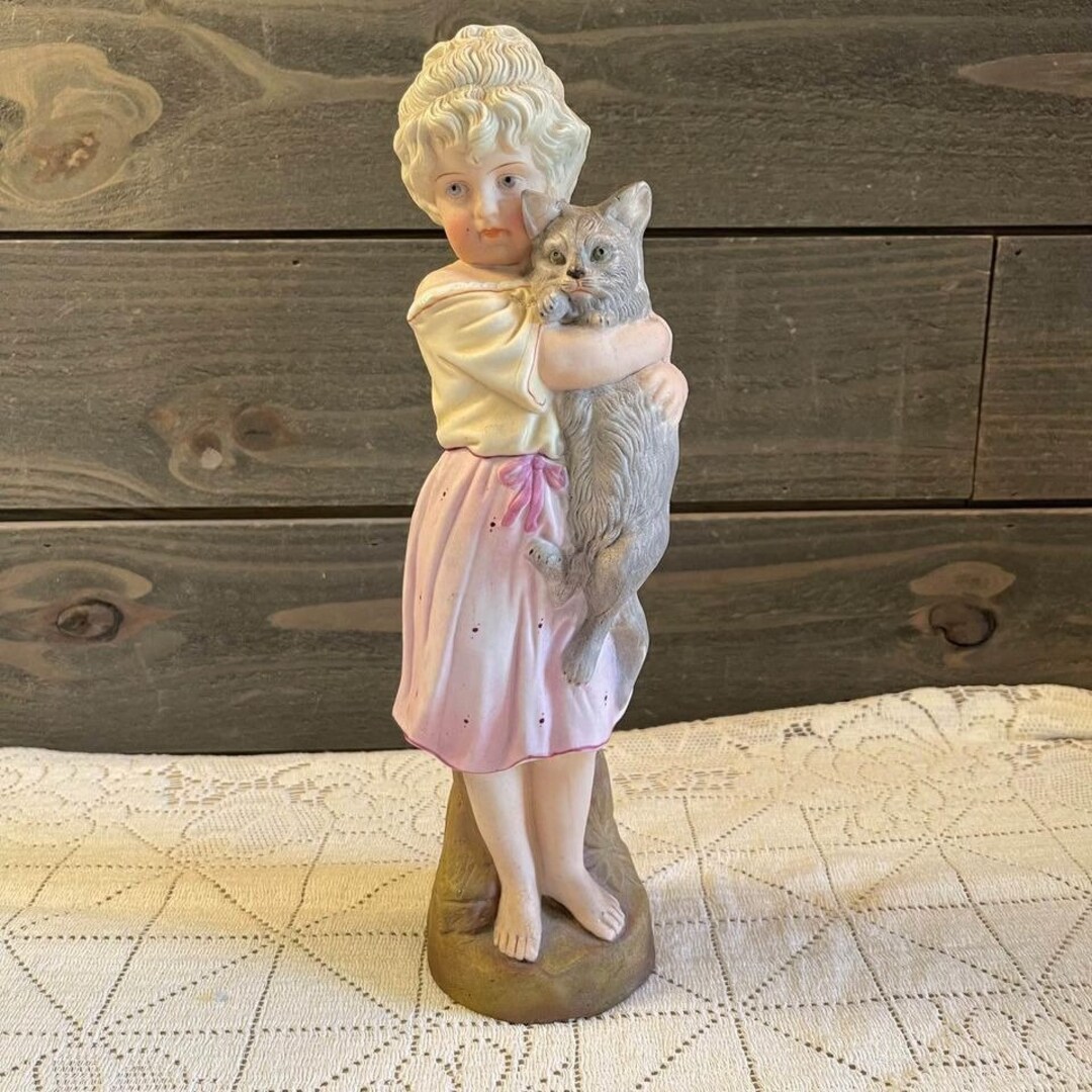 Large Vintage Girl With Gray Cat Figurine Statue 11.5 - Etsy