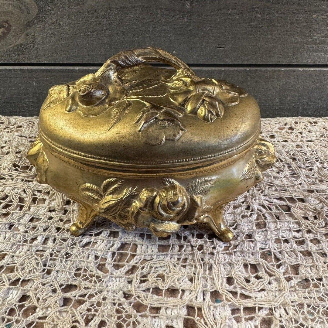 Antique Art Nouveau Brainard & Wilson Gold Tone Metal Jewelry Box Roses ...