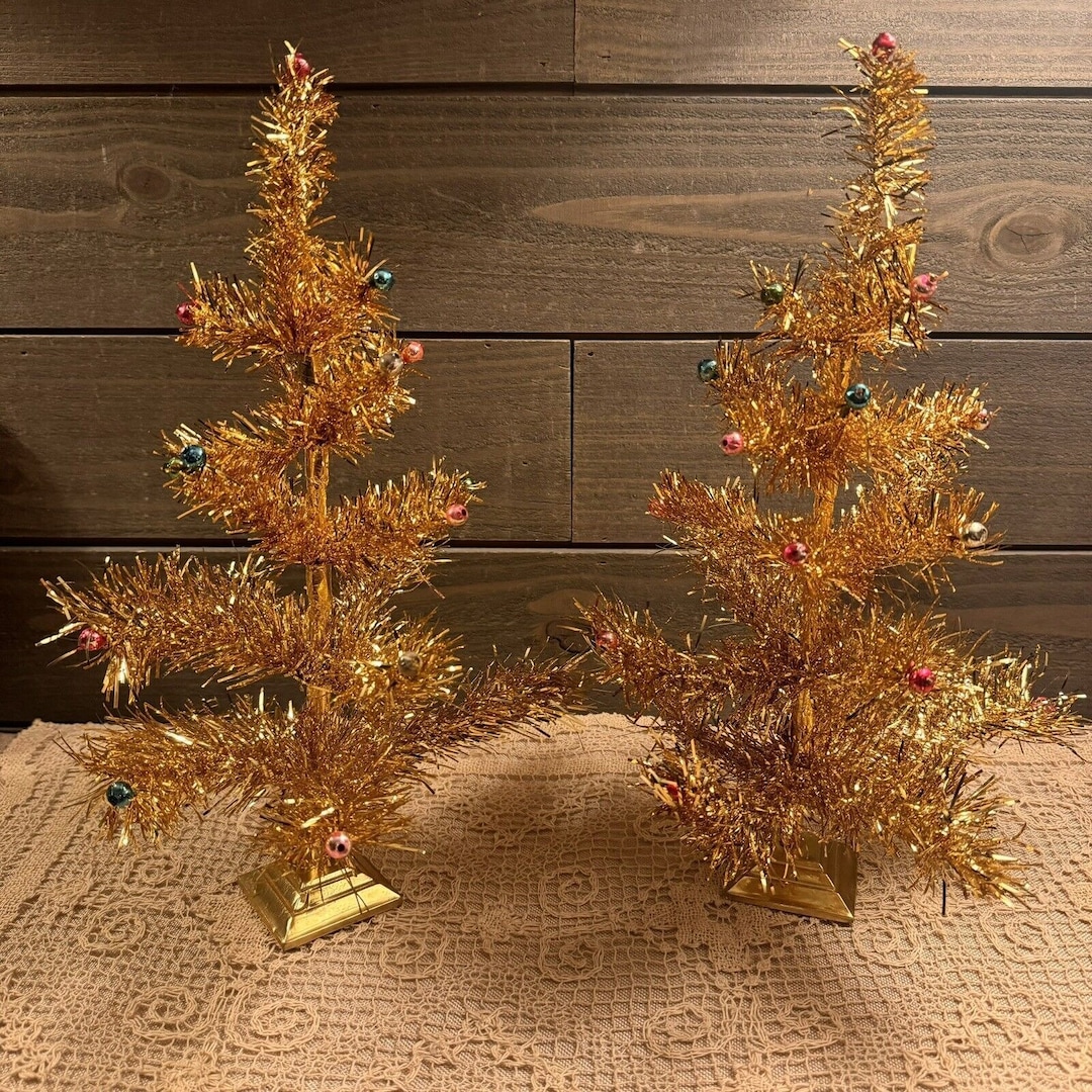 Vintage Gold Tinsel Christmas Trees Mercury Glass 15 Set of 2 Rare ...