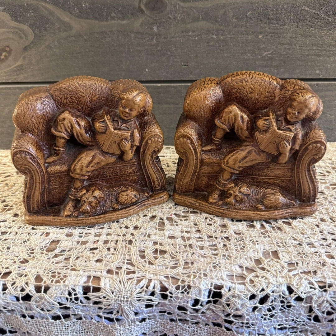 Vintage Syroco Bookends Set Boy on Sofa Reading Book Dog at Foot - Etsy