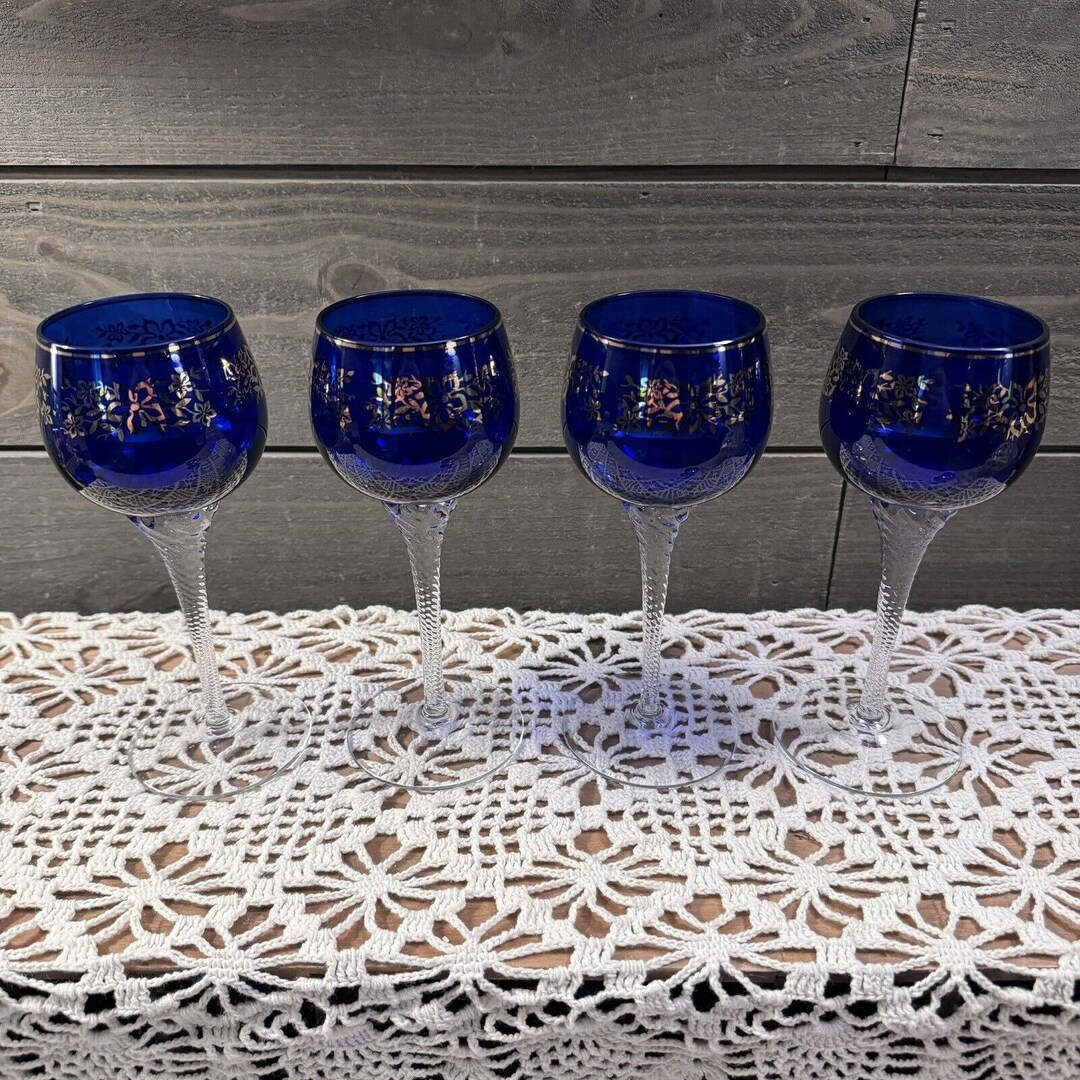 Vintage Cobalt Blue Wine Glasses Gold Accents Set Of 4 Etsy