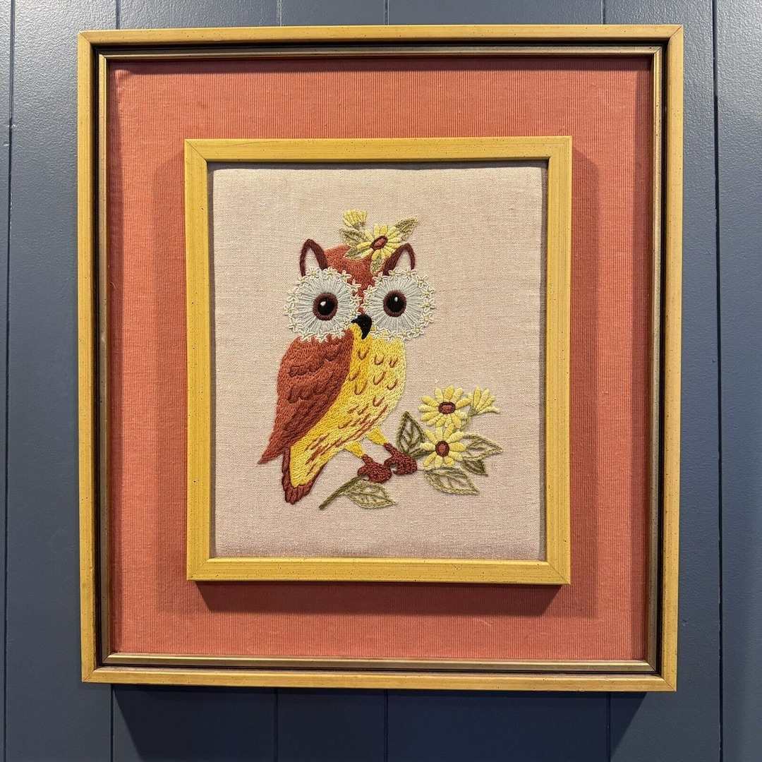 Vintage Owl Floral Crewel Art in Awesome Orange and Yellow Frame 1970s ...