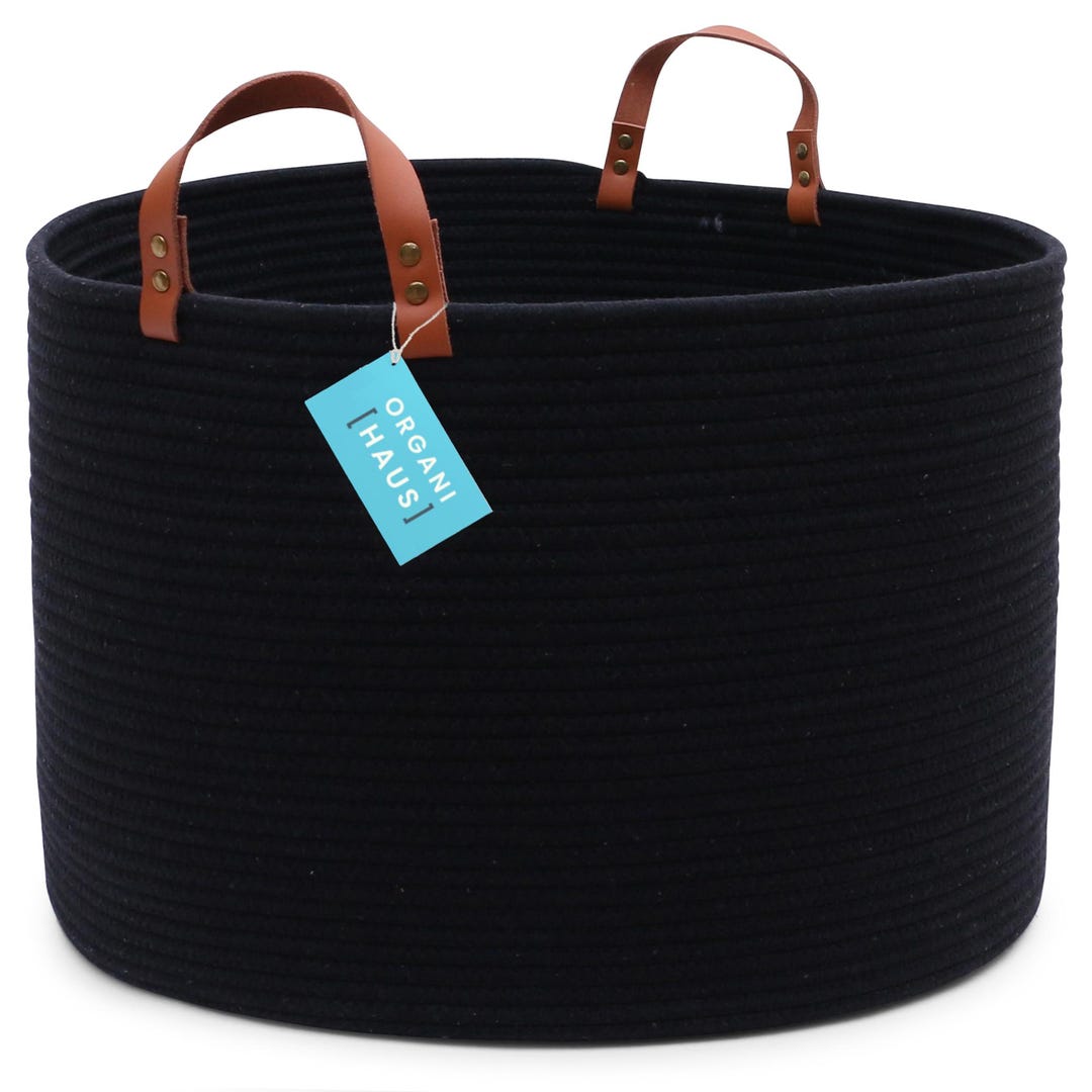 Organihaus Black Baskets for Organizing Large Blanket Basket for Living Room Wide 20x13 Cotton ...