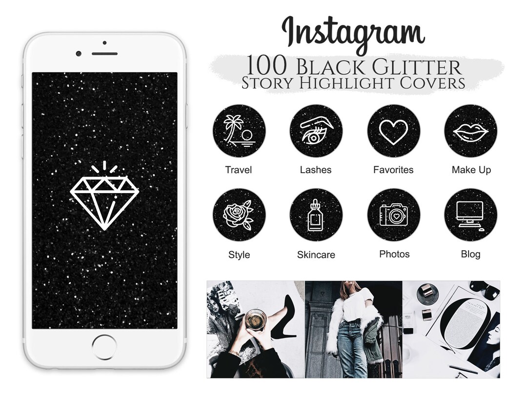 Black Glitter Instagram Highlight Covers, Highlight Icons, Instagram ...