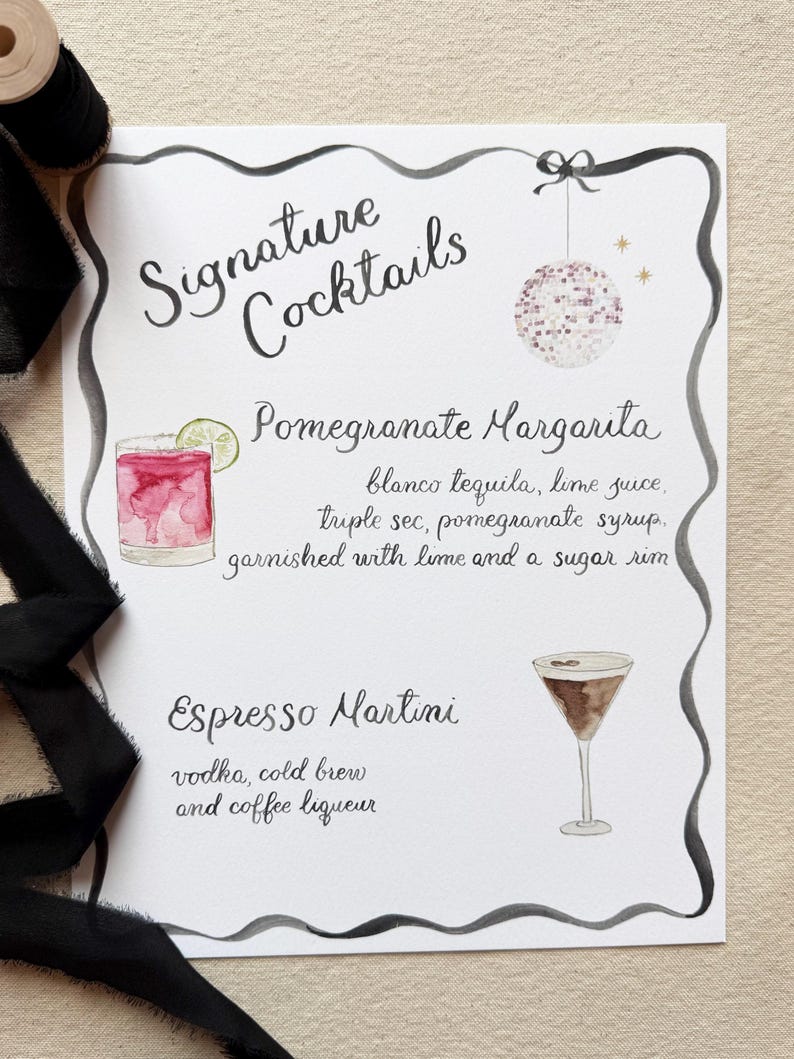 Custom Cocktail Menu With Calligraphy and Watercolor Illustrations - Etsy