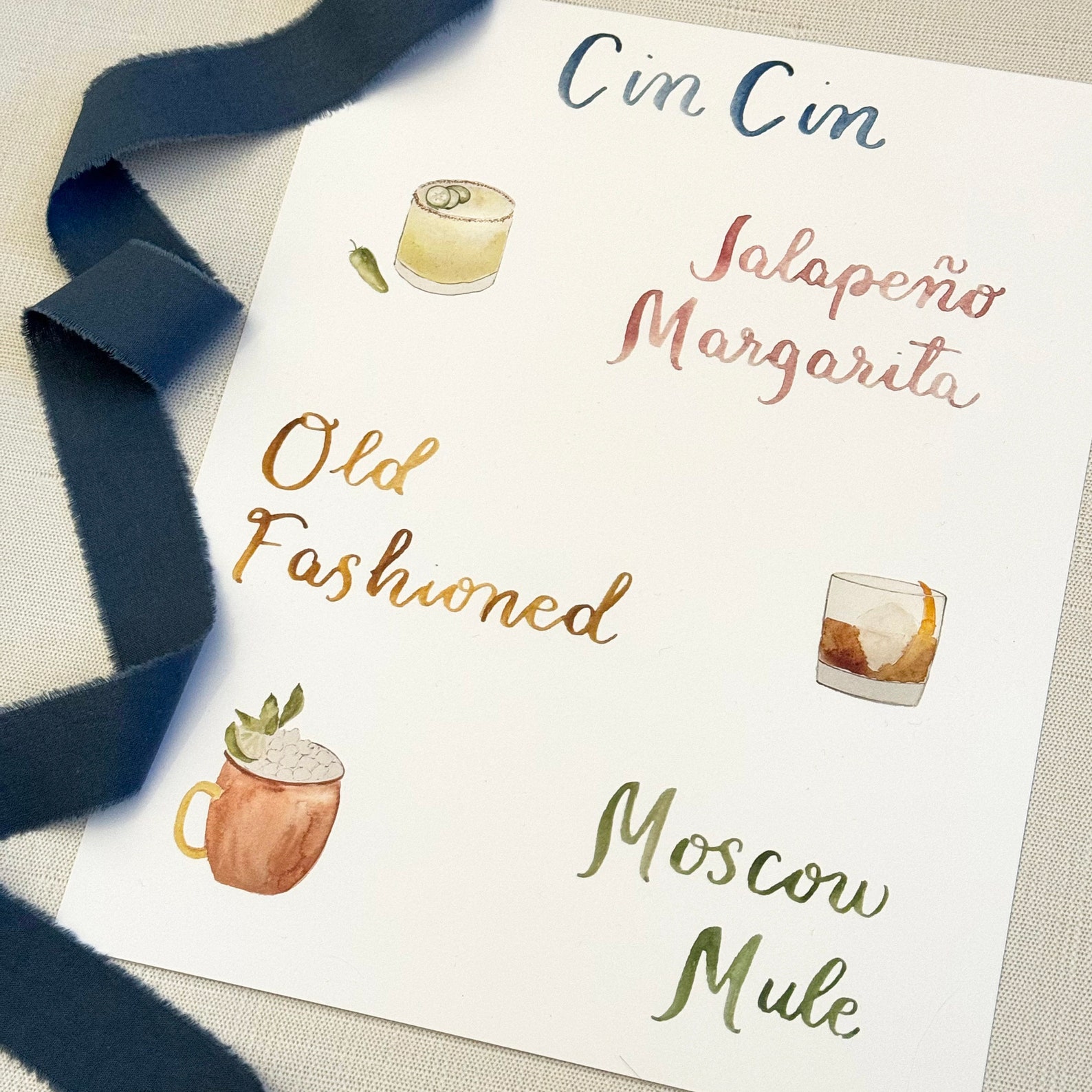 Custom Cocktail Menu With Calligraphy and Watercolor Illustrations - Etsy