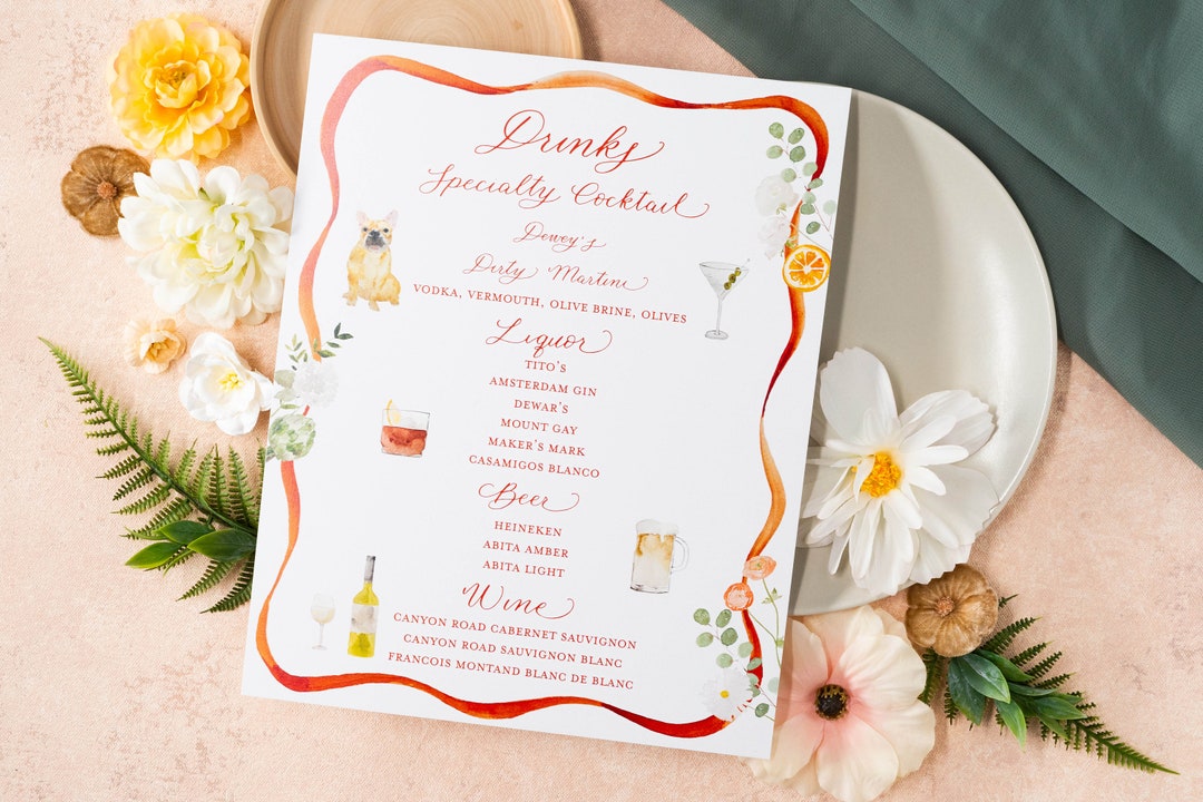 Custom Cocktail Menu With Calligraphy and Watercolor Illustrations - Etsy