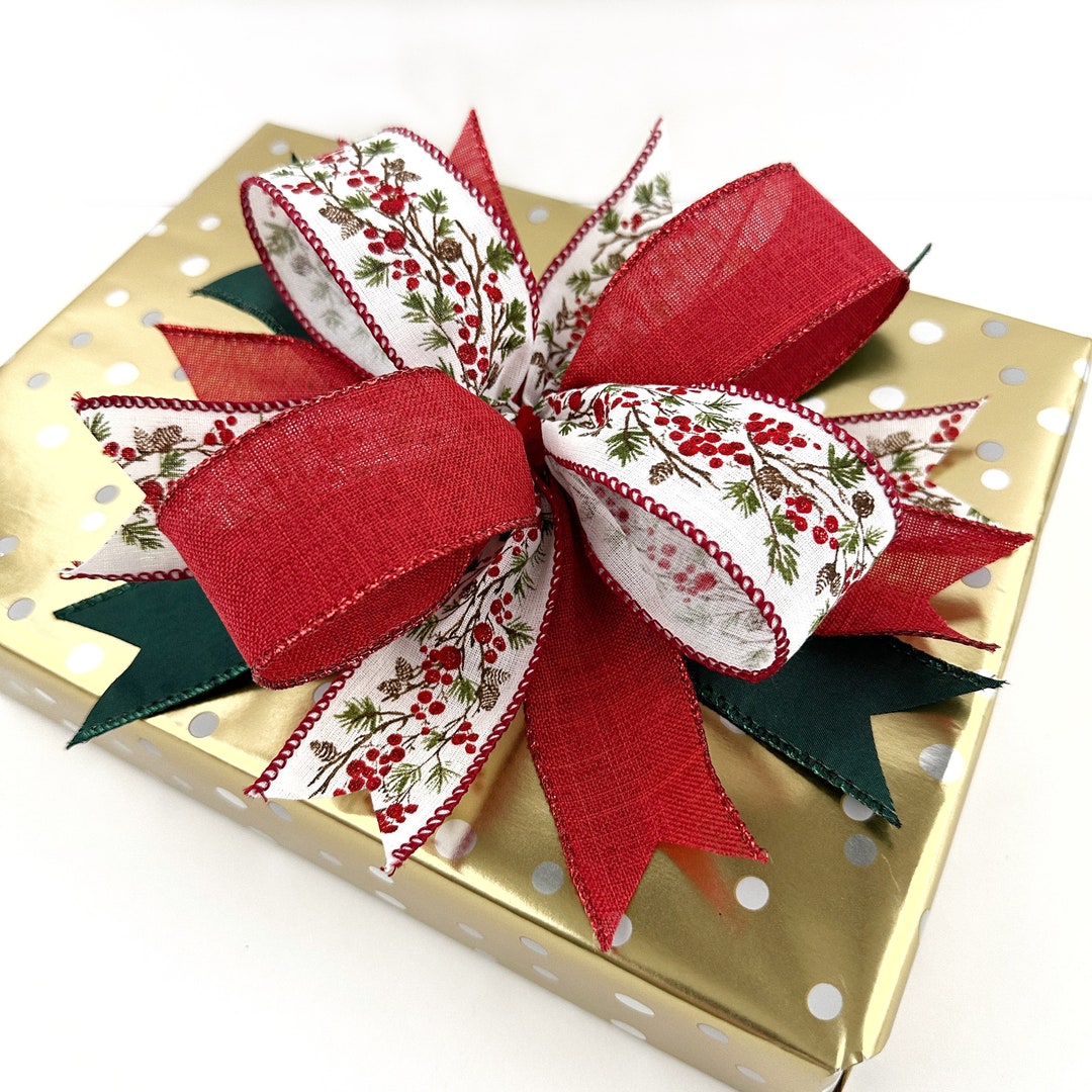 6 or 9 Inch Wired Holiday Gift Bow, Christmas Gift Topper, Small Holly and Berries Wreath or ...