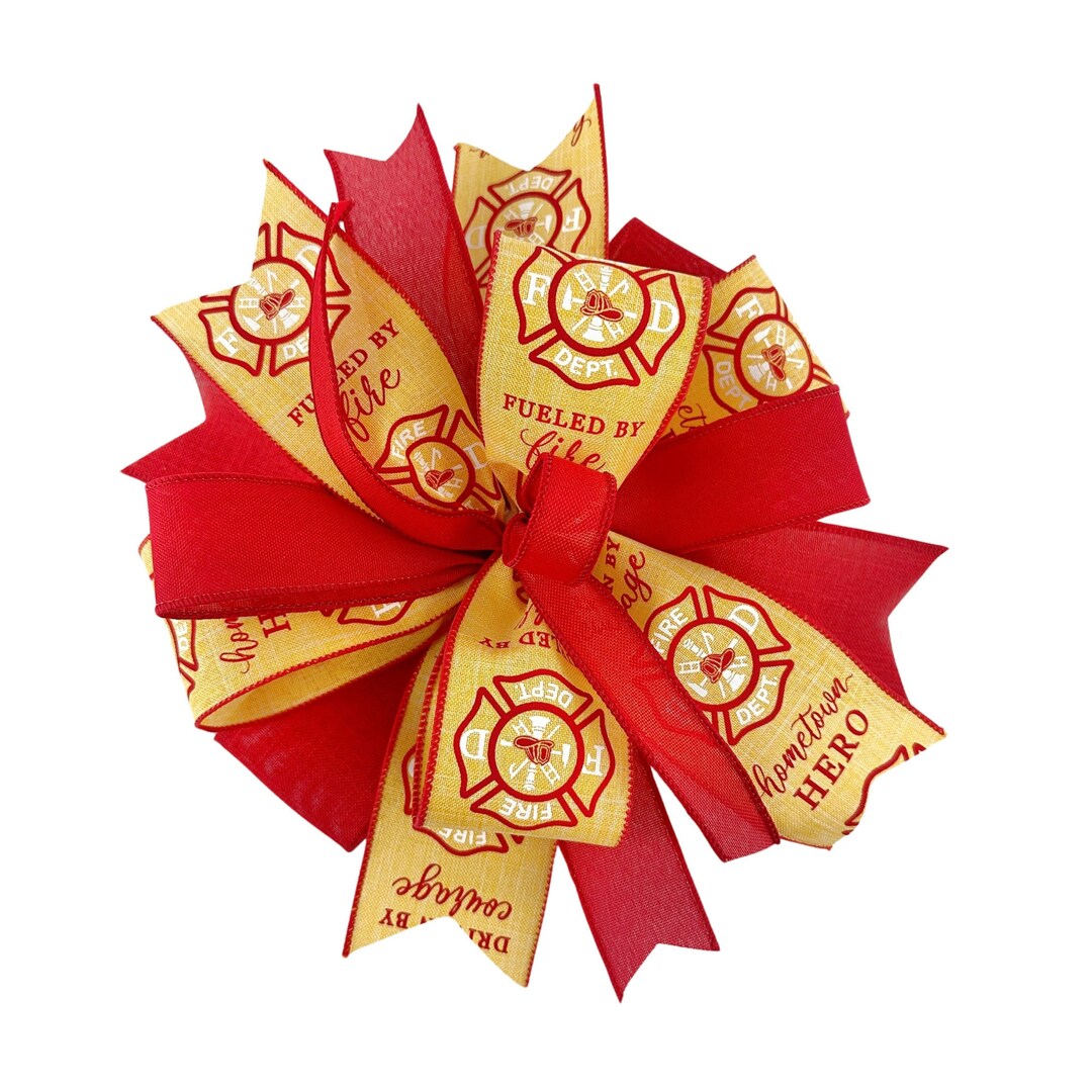 Red and Yellow Fire Fighter Support Bow • Pre-made First Responder Bow ...