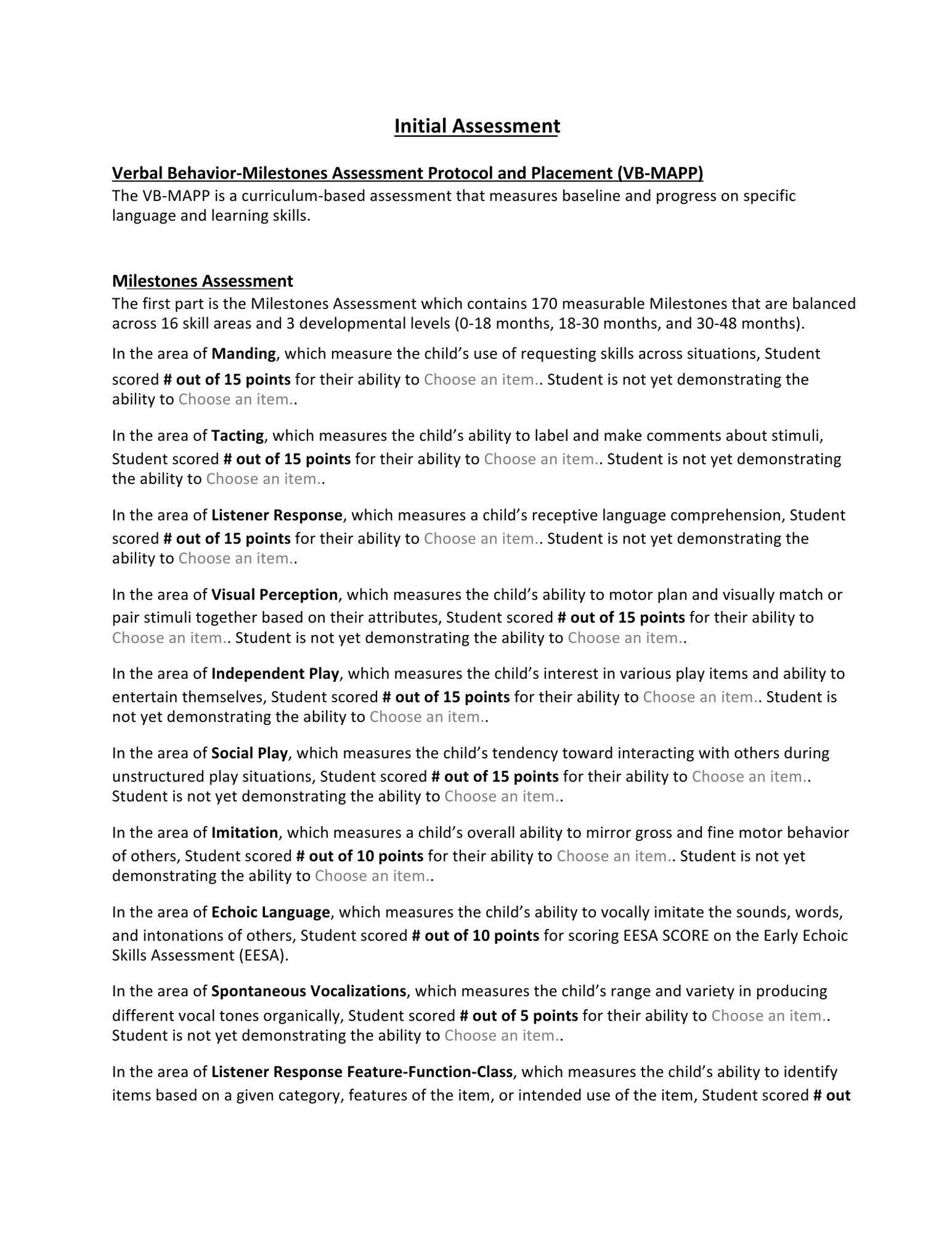 Editable VB-MAPP Summary Template, Milestones, Barriers, and ...