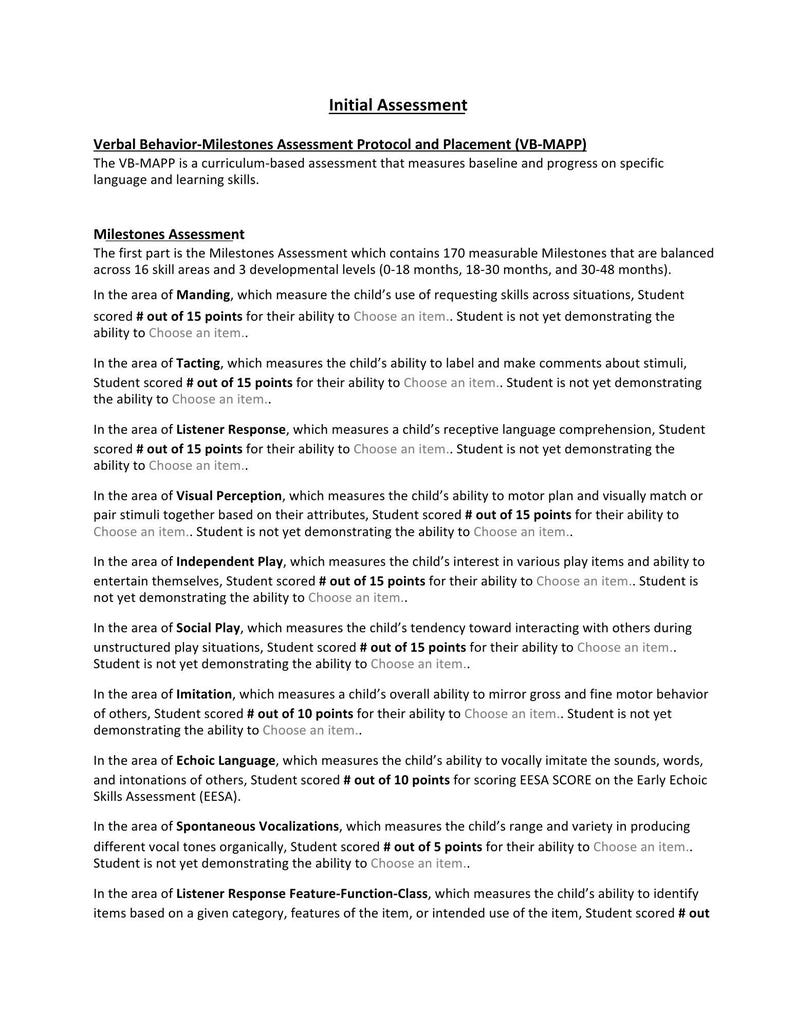 Editable VB-MAPP Summary Template, Milestones, Barriers, and ...