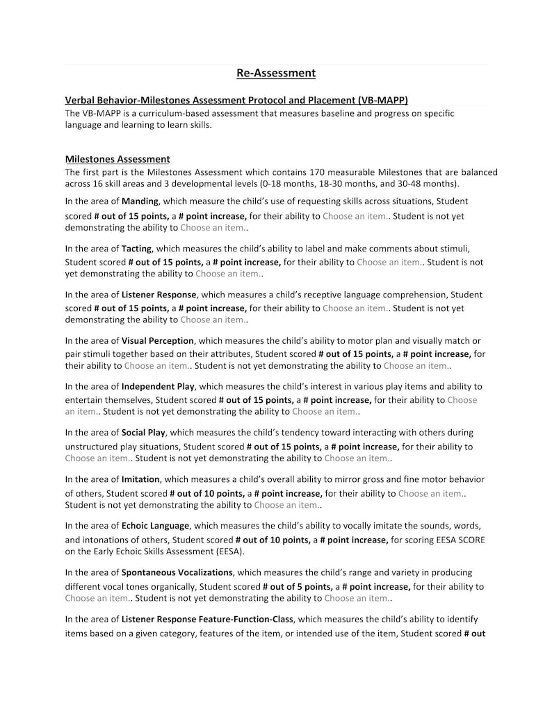 Editable VB-MAPP Summary Template, Milestones, Barriers, and ...