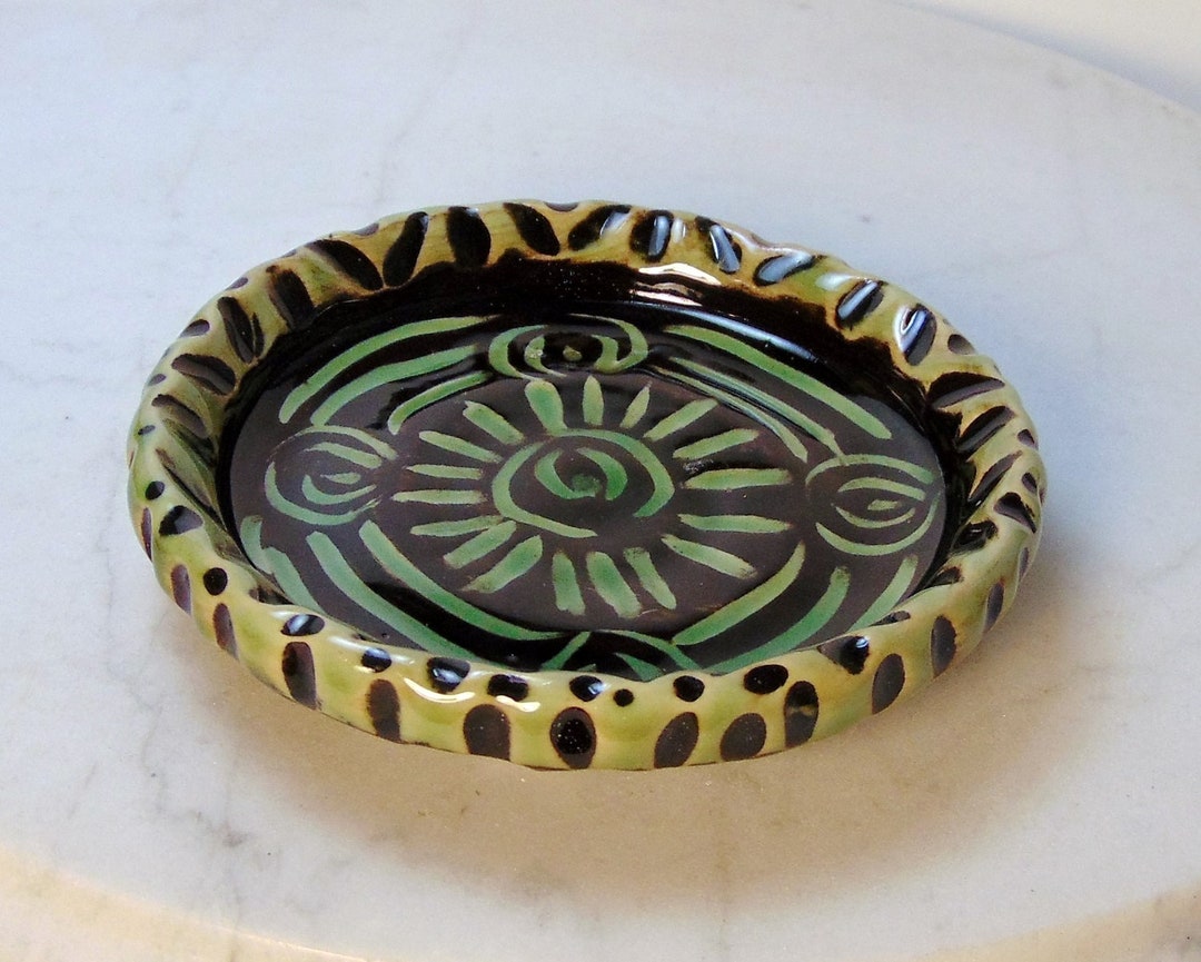 Wheel Thrown Sgraffito Decorated Coaster or Small Dish - Pottery Saucer ...
