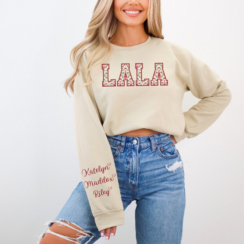 Custom Lala Sweatshirt With Kids Names on Sleeve, Sleeve Print Sweatshirt, Floral Sweatshirt ...