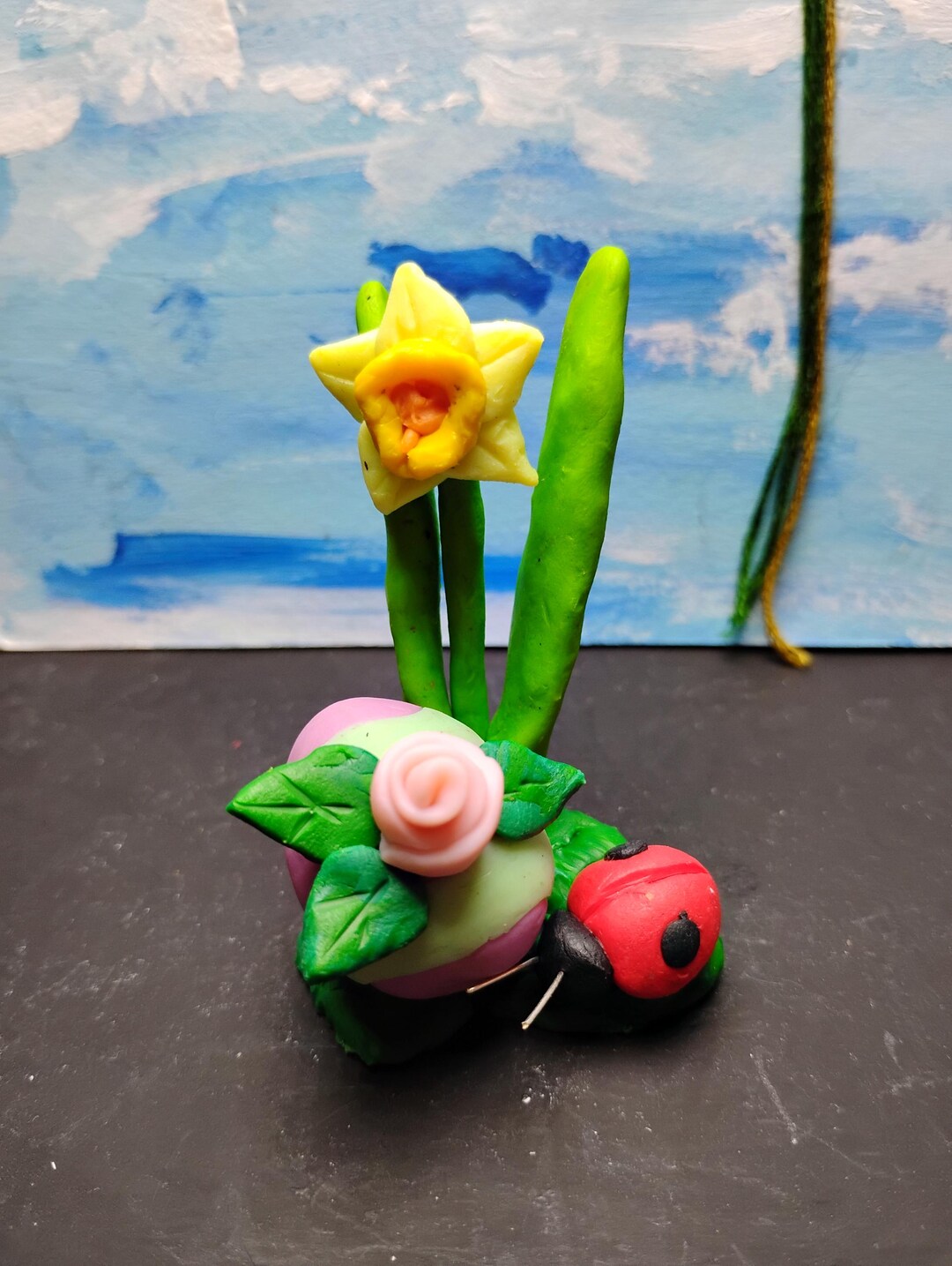 Daffodil Polymer Clay Figurine: Easter Egg and Ladybug Decor. - Etsy