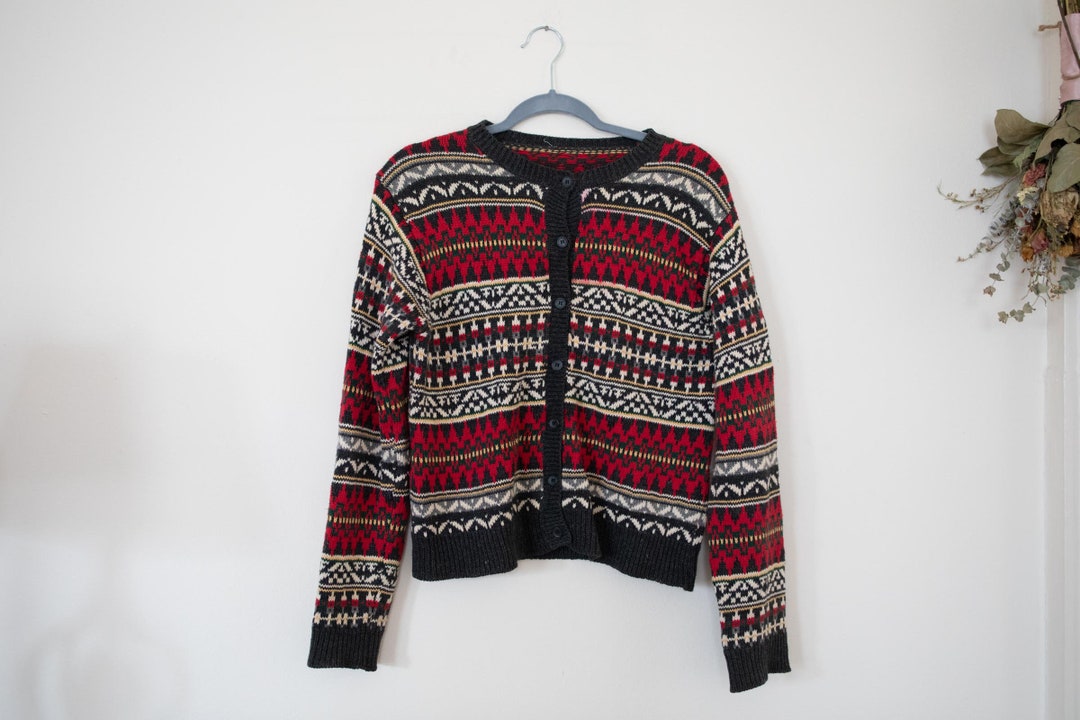 Vintage Red and Grey Button up Sweater - Etsy