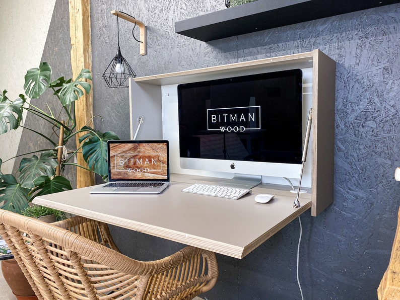 LARGE OFFICE DESK• Stone Grey Wall Mounted Floating Home Office Work ...
