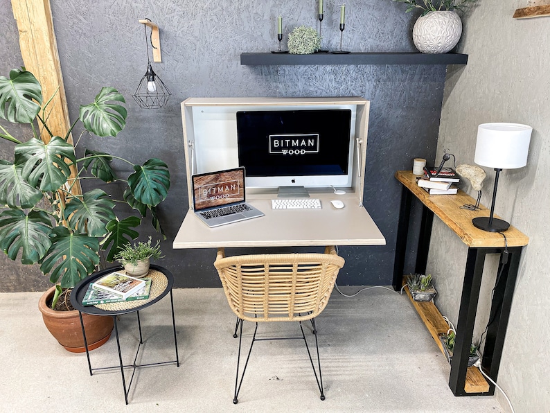 LARGE OFFICE DESK• Stone Grey Wall Mounted Floating Home Office Work ...