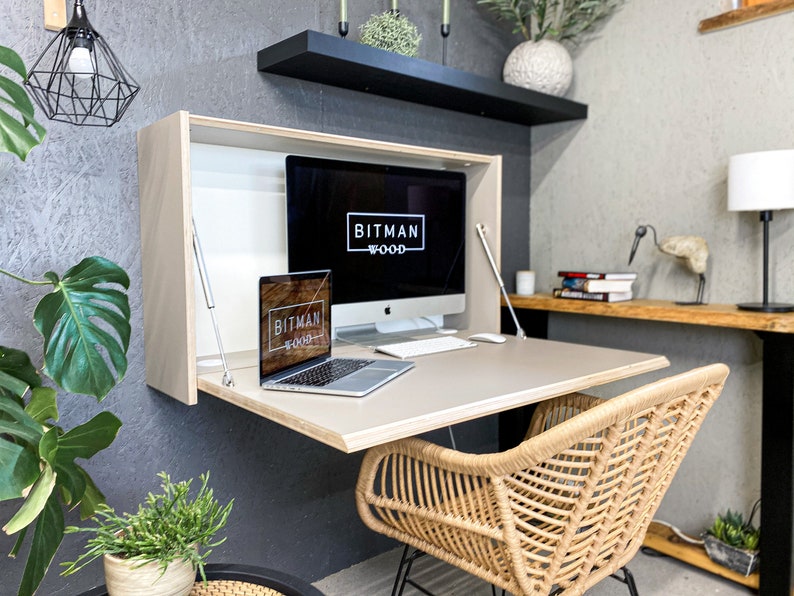 LARGE OFFICE DESK• Stone Grey Wall Mounted Floating Home Office Work ...