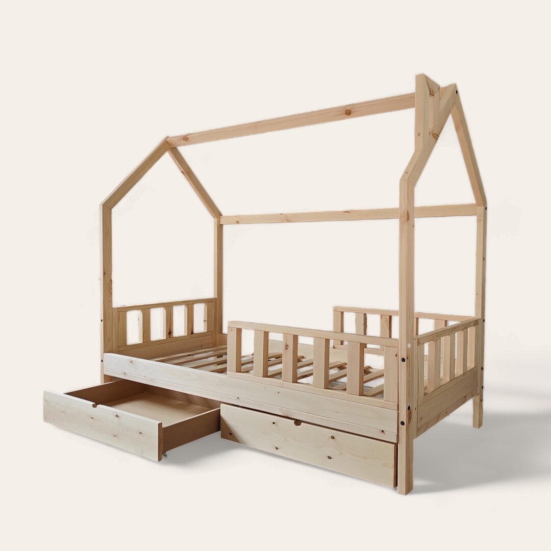 Toddler House Bed With Safety Rails and Storage Montessori Kids Bed With Drawers Children Play Bed Kids Playhouse Children Furniture Etsy Canada