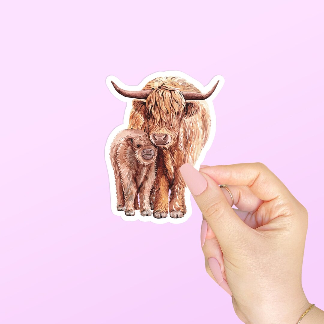 Fluffy Cows Sticker, Cute Cow Stickers, Highland Cow Mama and Calf ...