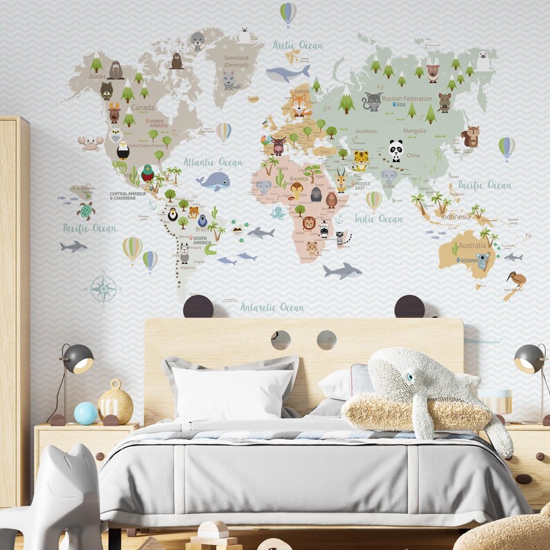 IMAGINATION MAP MINT World Map Wallpaper Mural Kids, Nursery Removable ...