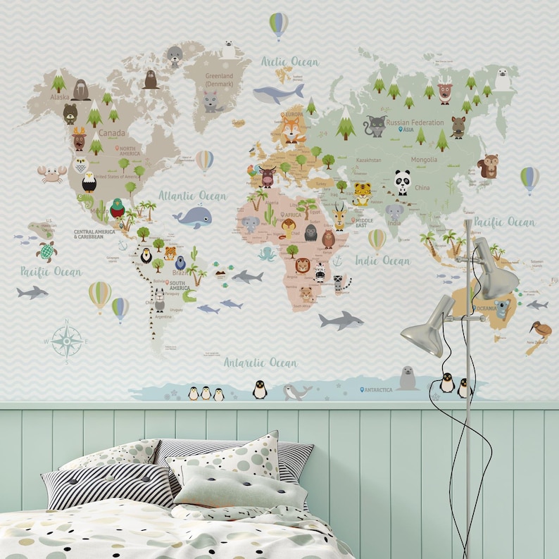 IMAGINATION MAP MINT World Map Wallpaper Mural Kids, Nursery Removable ...