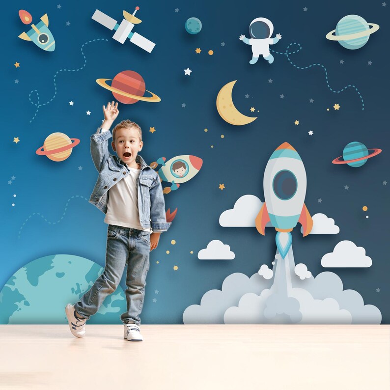 Space Wallpaper Rocket Custom Size Wall Mural Astronaut Planets Galaxy ...