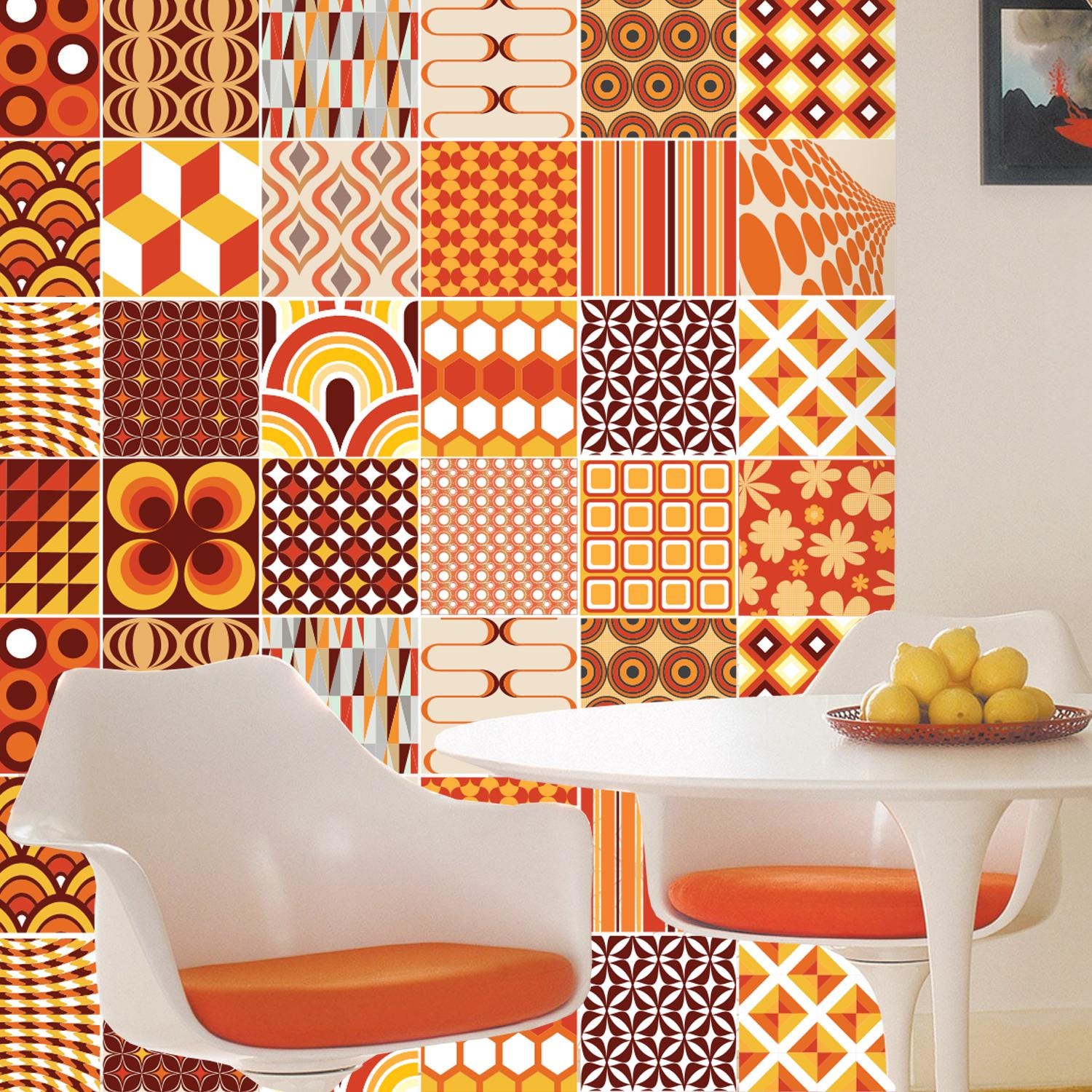 RETRO 70s TILES Kitchen and Living Wallpaper Mural, Wall Removable ...