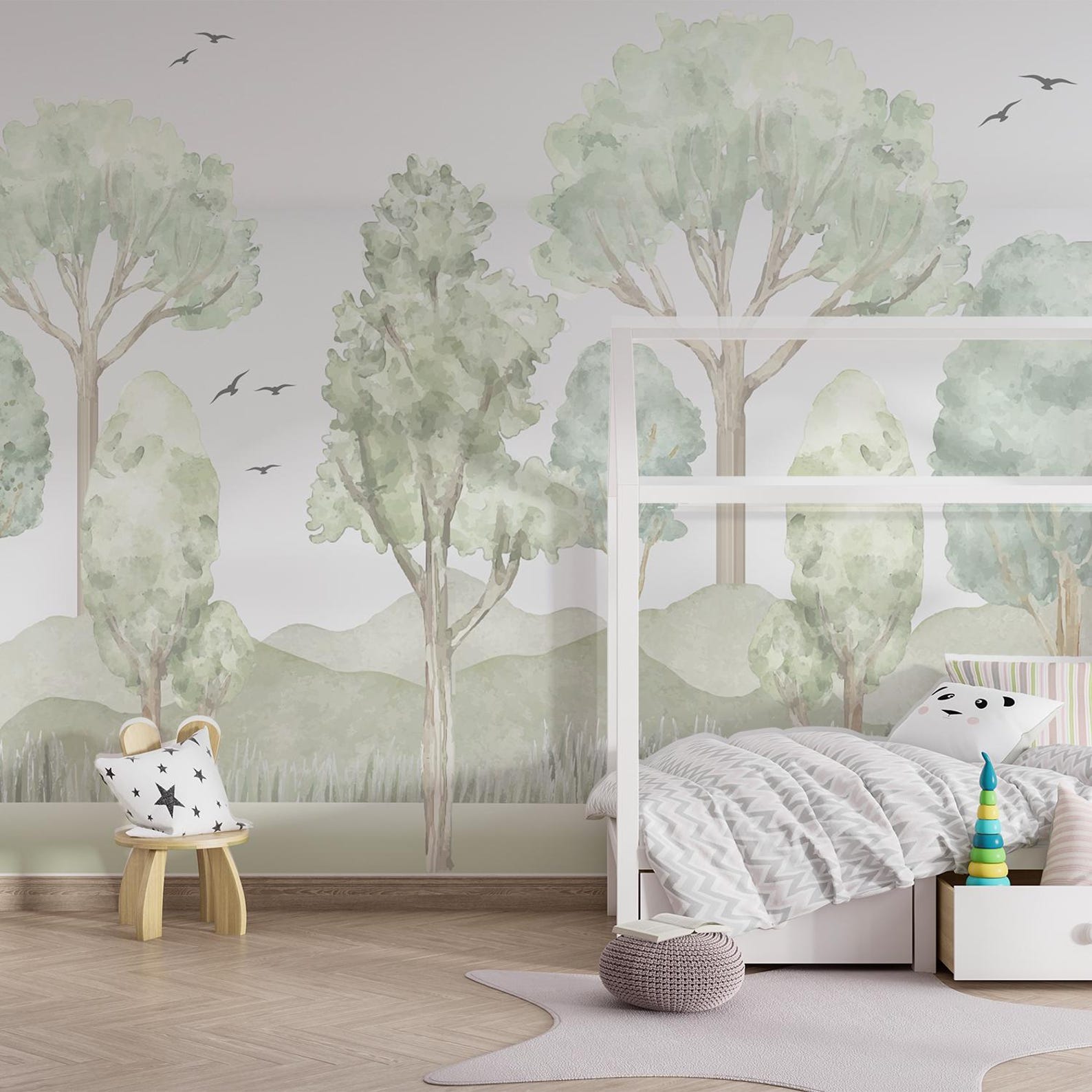FOREST Watercolor Forest Wallpaper Mural Kids, Nursery Removable Decor ...