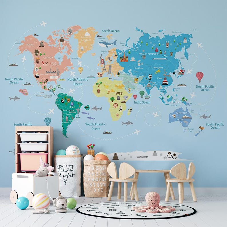 Kids World Map Wallpaper Mural: Educational Peel and Stick Decor - Etsy ...