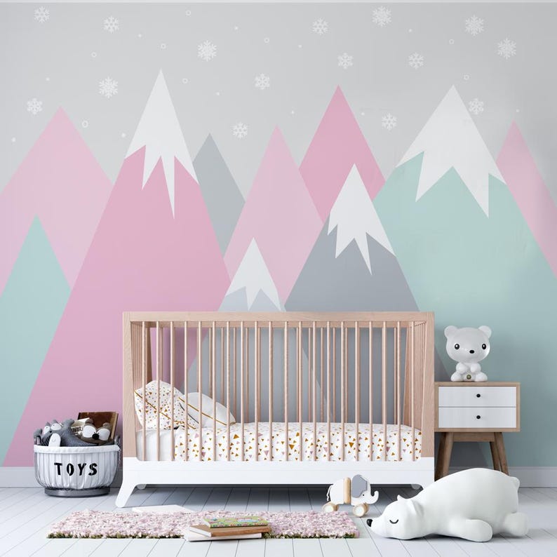 Wallpaper Mountains Custom Size Pastel Pink Wall Art Kids Room Nordic ...