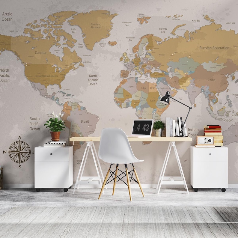 Vintage World Map Wallpaper Mural: Peel and Stick, Custom Size - Etsy