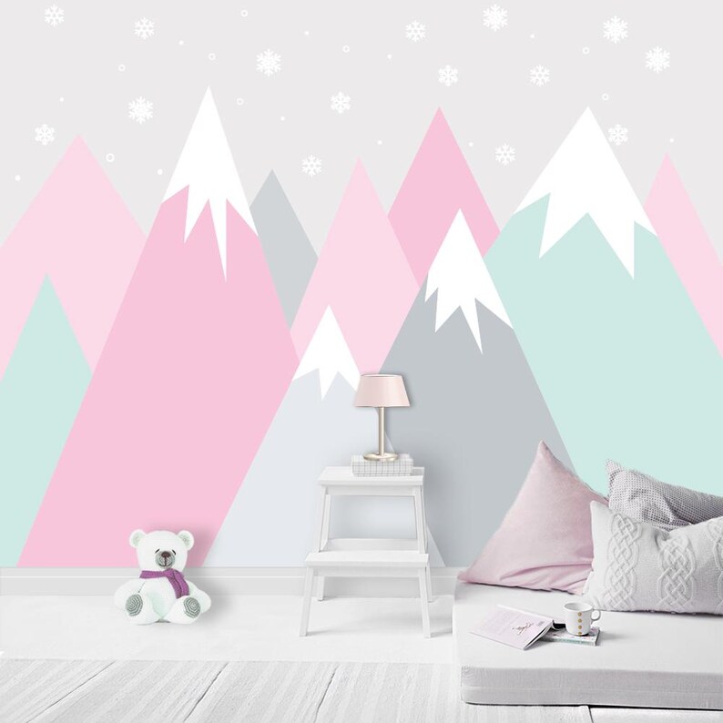 Wallpaper Mountains Custom Size Pastel Pink Wall Art Kids Room Nordic ...