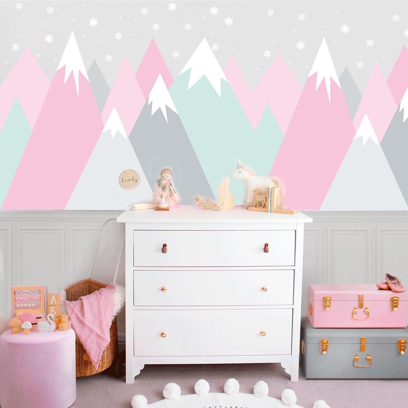 Wallpaper Mountains Custom Size Pastel Pink Wall Art Kids Room Nordic ...