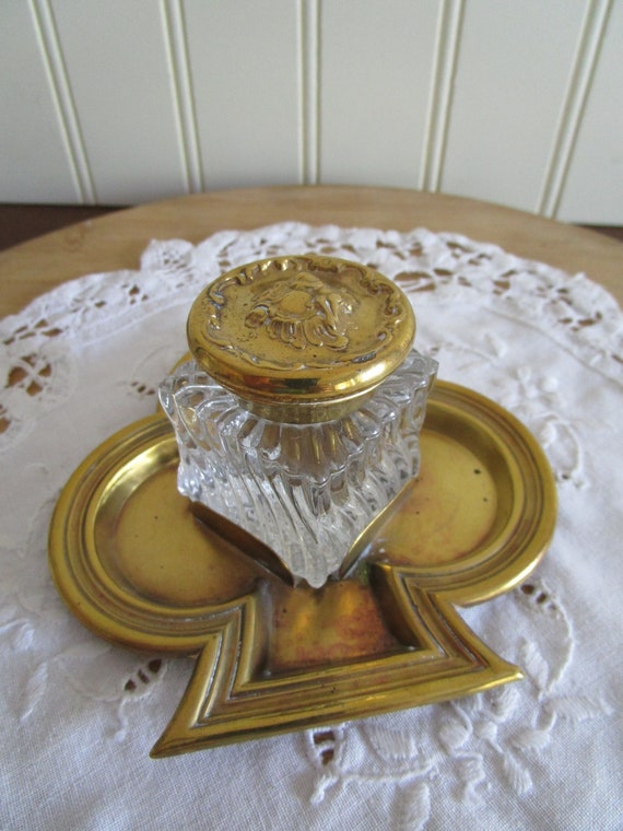 Ink Well Vintage Baccarat Type Swirl Ink Well Brass Tray - Etsy