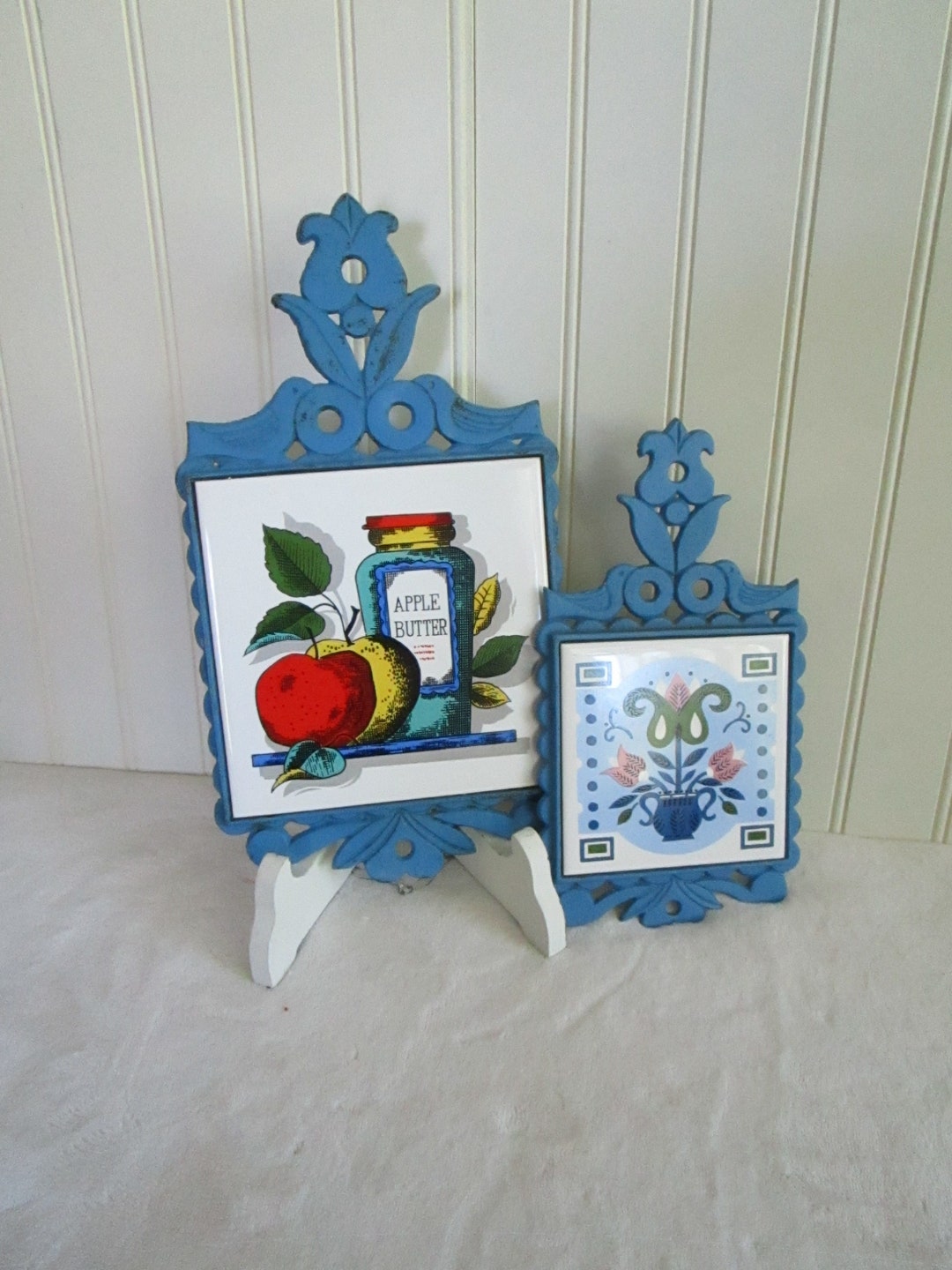 Vintage Cast Iron Trivets, Ceramic Tile With Apple Butter Framed, Made ...